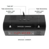 SHARP Dual Alarm Clock with 2 x USB Charge Ports, Black with Red LED ...