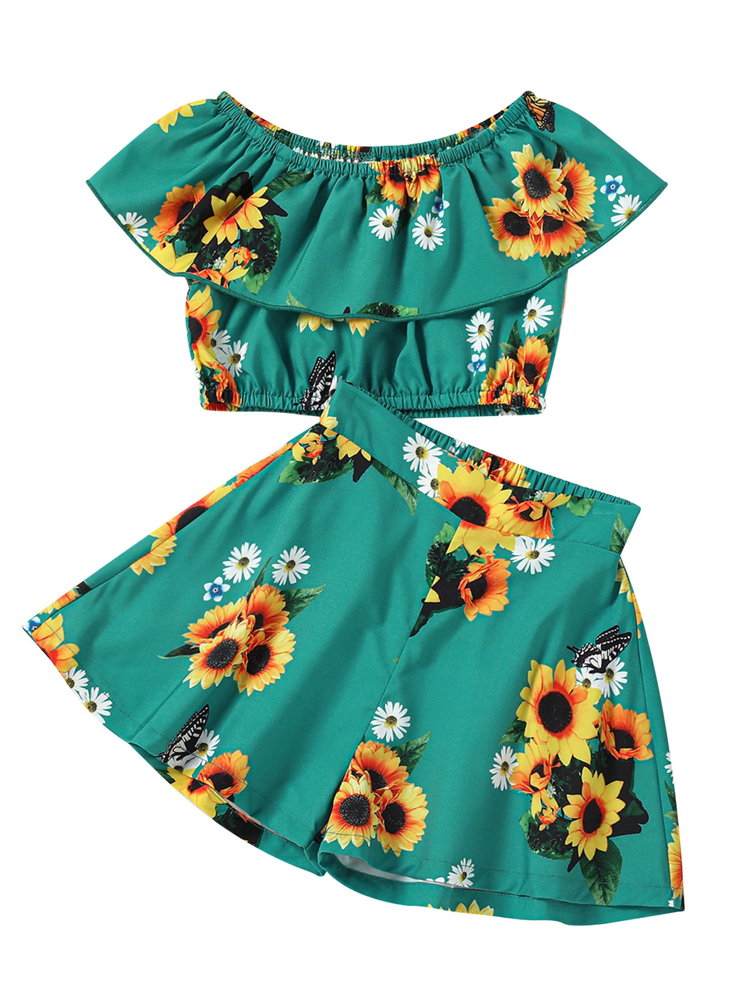 Gzhioc Toddler Girls 2Pcs Summer Sweet Outfits, Off Shoulder Sunflower ...