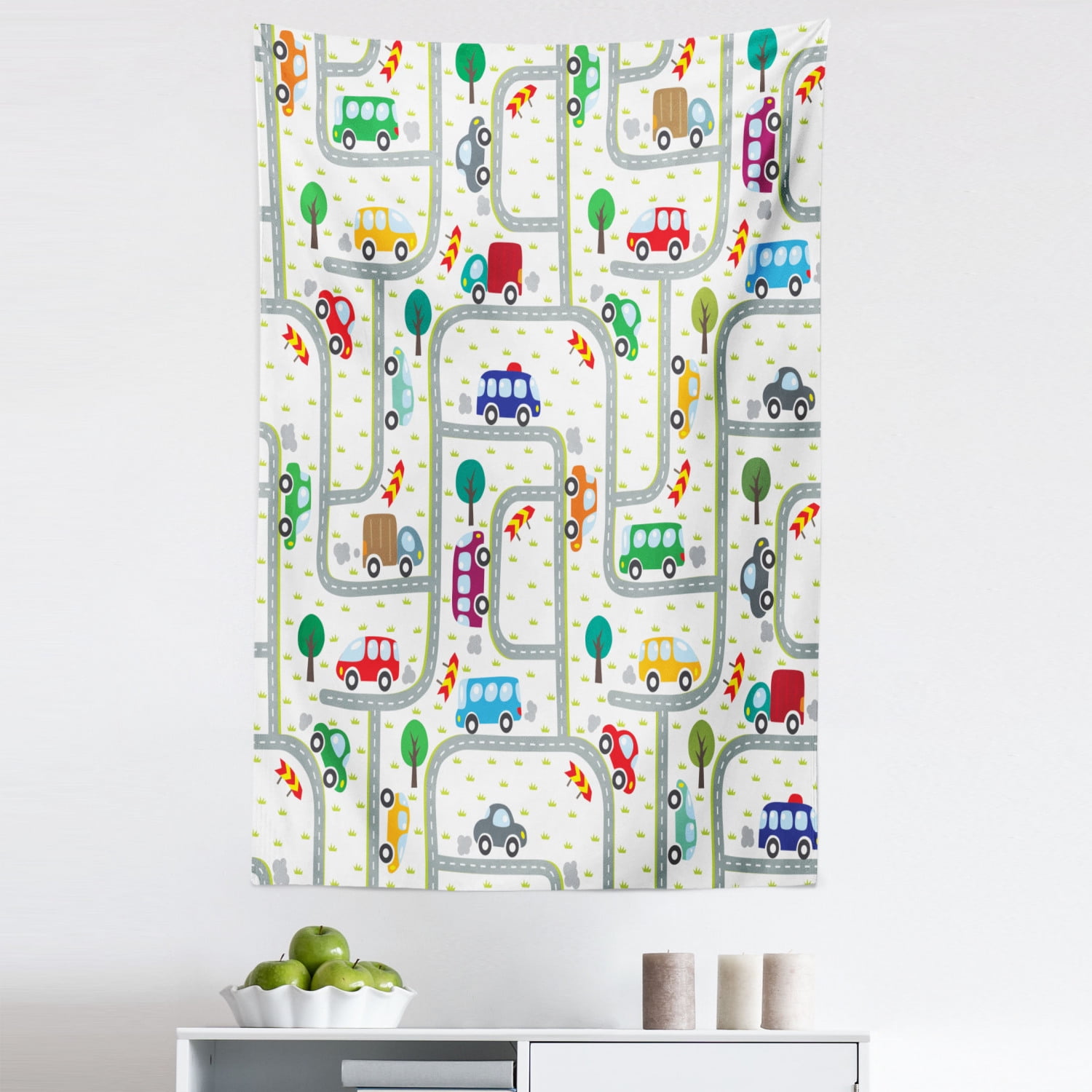 Cars Tapestry, Vibrant Drawing Cars Driving on the Roads Traffic Urban ...