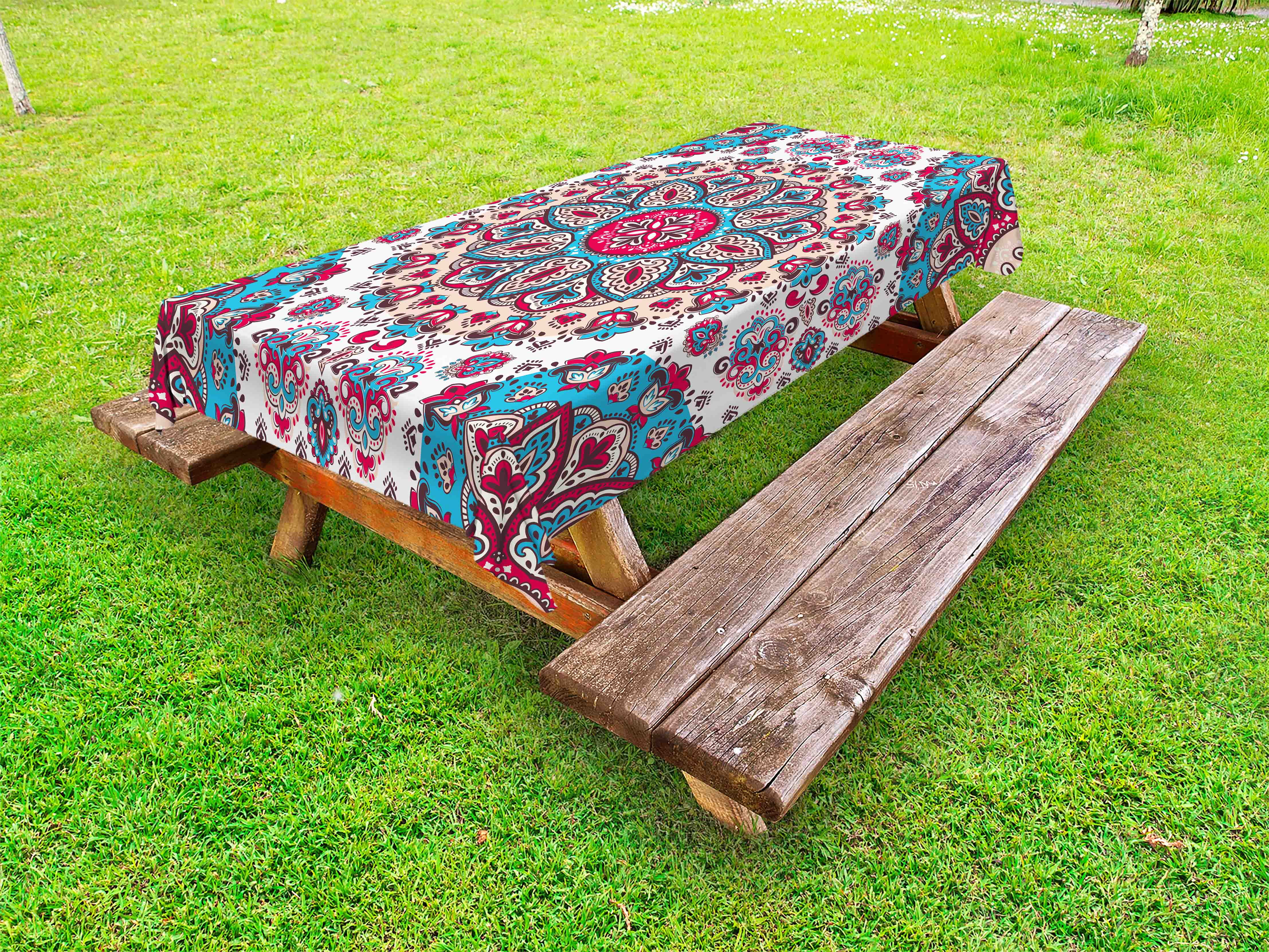 Ethnic Outdoor Tablecloth, Henna Style Floral Circles Paisley Retro ...