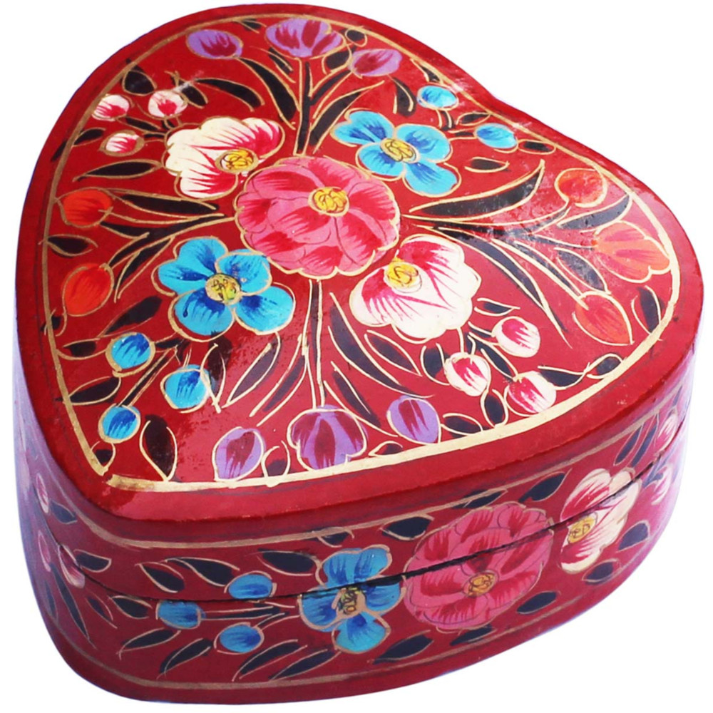 Handmade Red Heart Shaped Jewelry Box In Paper Mache Art Floral Motifs Handmade Red Heart Shaped Jewelry Box In Paper Mache Art Floral Motifs