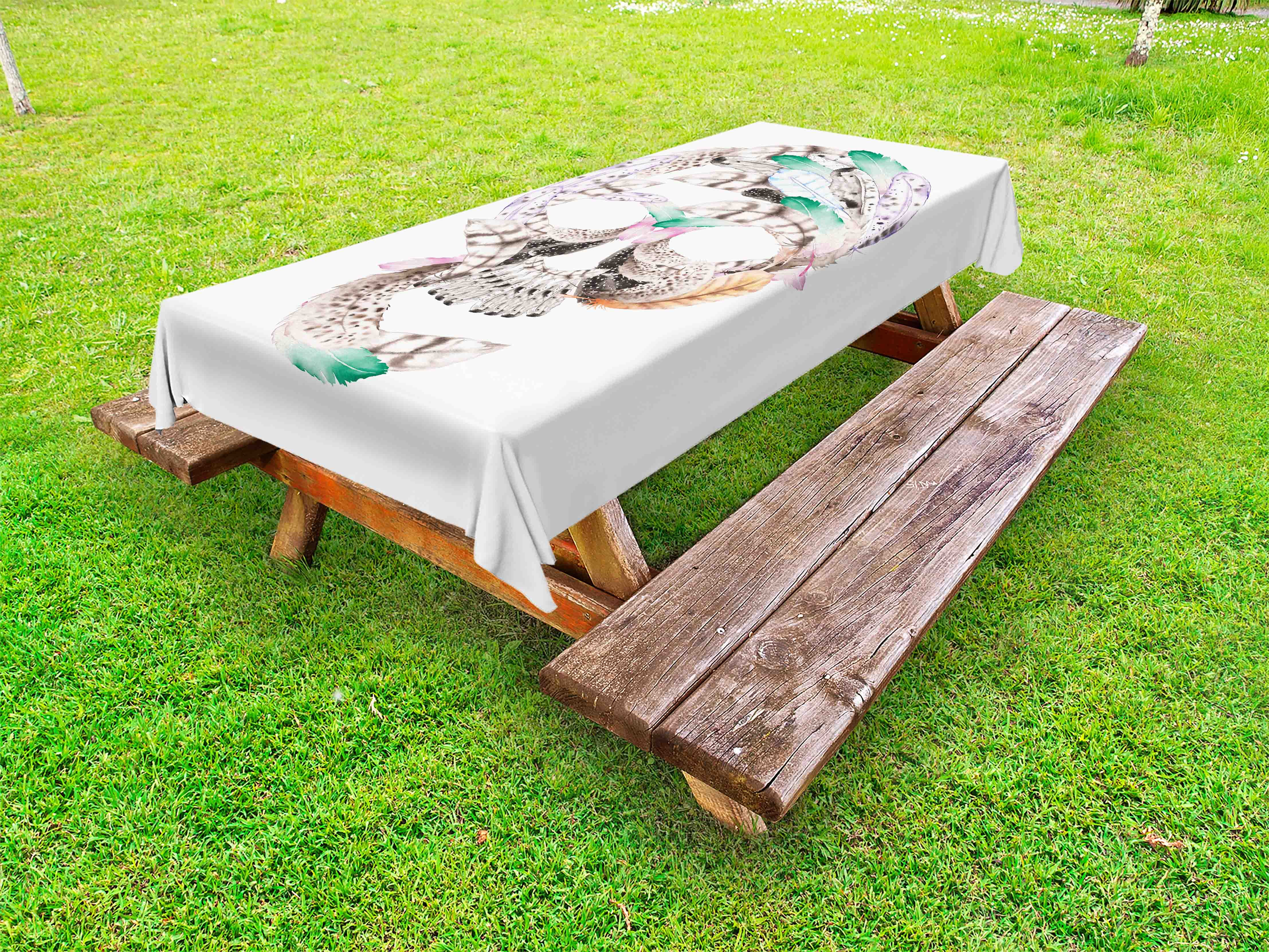 Feather Outdoor Tablecloth, Human Skull Figure with Watercolor Feathers ...
