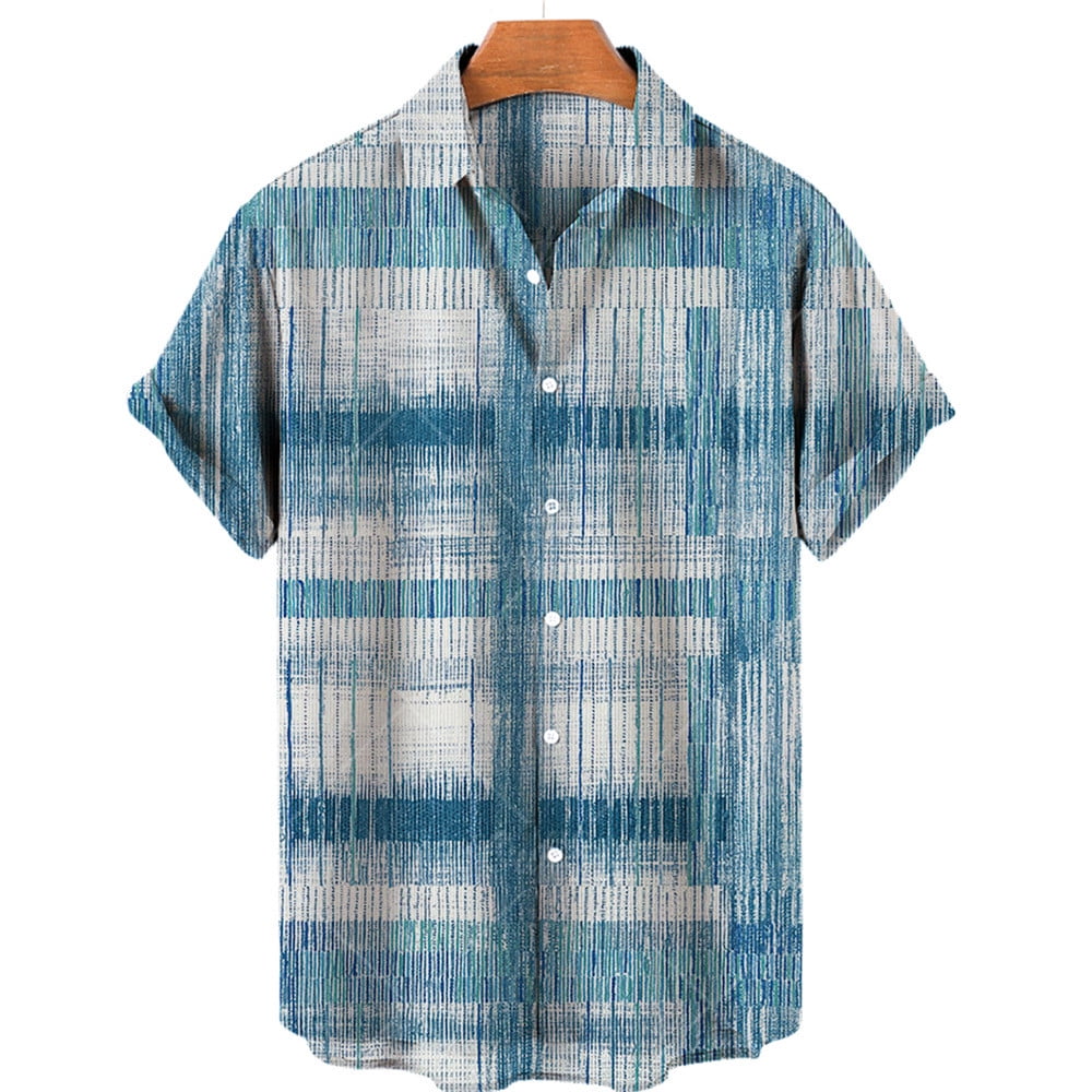 Blue Tshirt Dress Casual Men'S Loose Lapel Print Short Sleeve Button ...