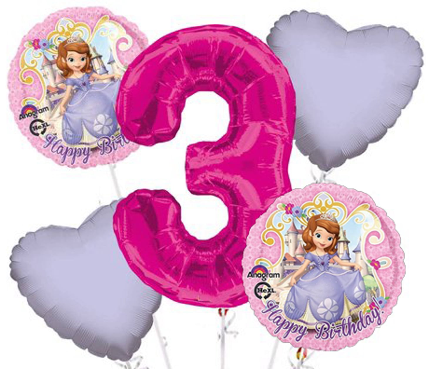 Sofia The First Balloon Bouquet 5 pc, 3rd Birthday, Hot Pink Number 3 ...