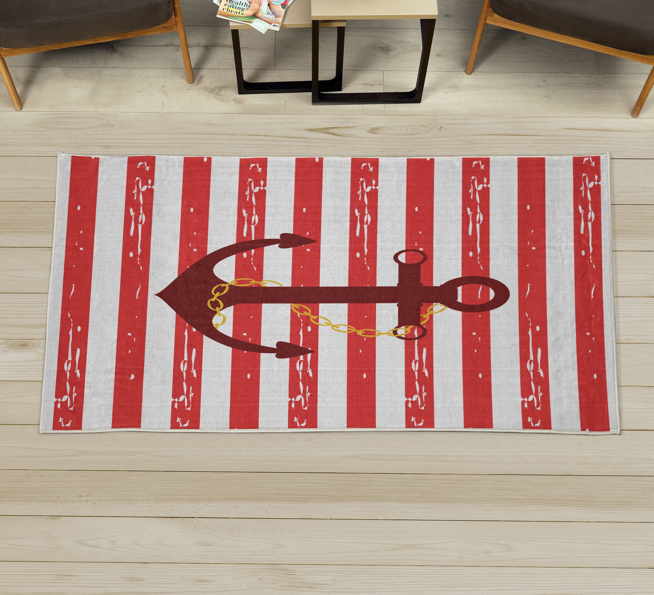 Striped Decorative Rug, Ship Anchor Chain Marine Life Inspired Lines ...