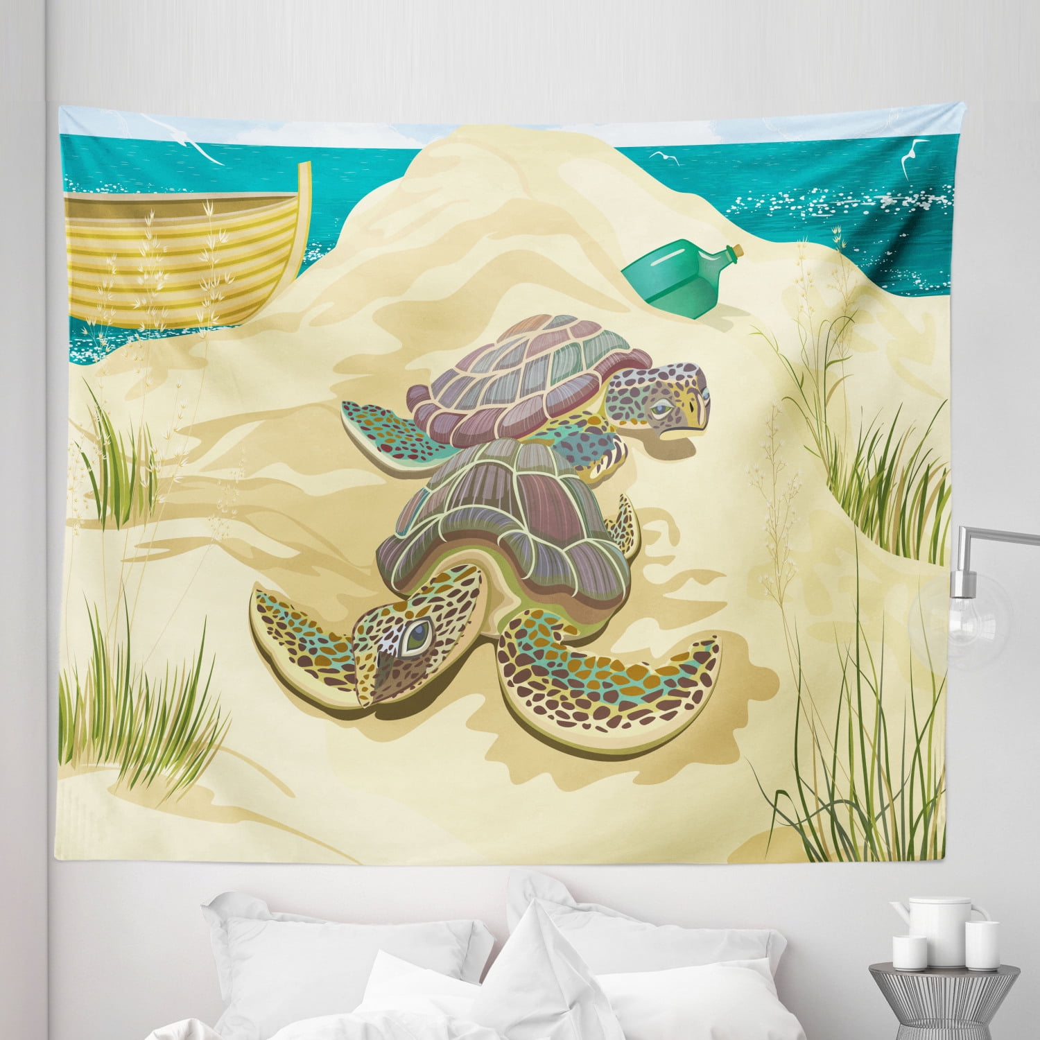 Beach Tapestry, Illustration of 2 Sea Turtles on Sandy Summer Beach ...