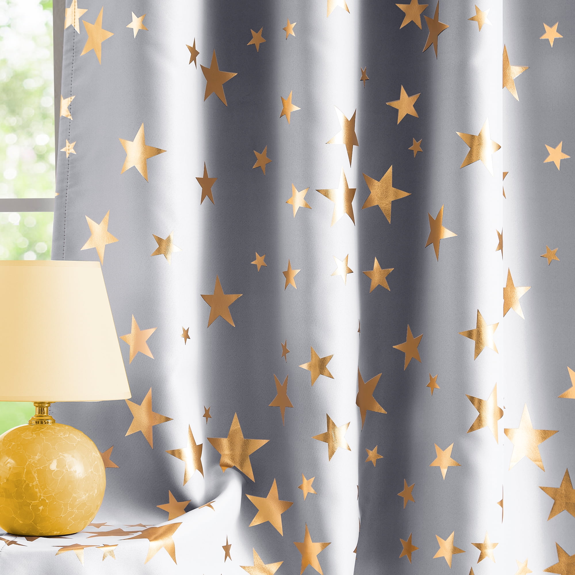 Exultantex Gold Star Kids Energy Efficient Blackout Curtain Panels Metallic Twinkle Star Printed Grey Curtains Grommets Top 50x95 2 Panels Walmart