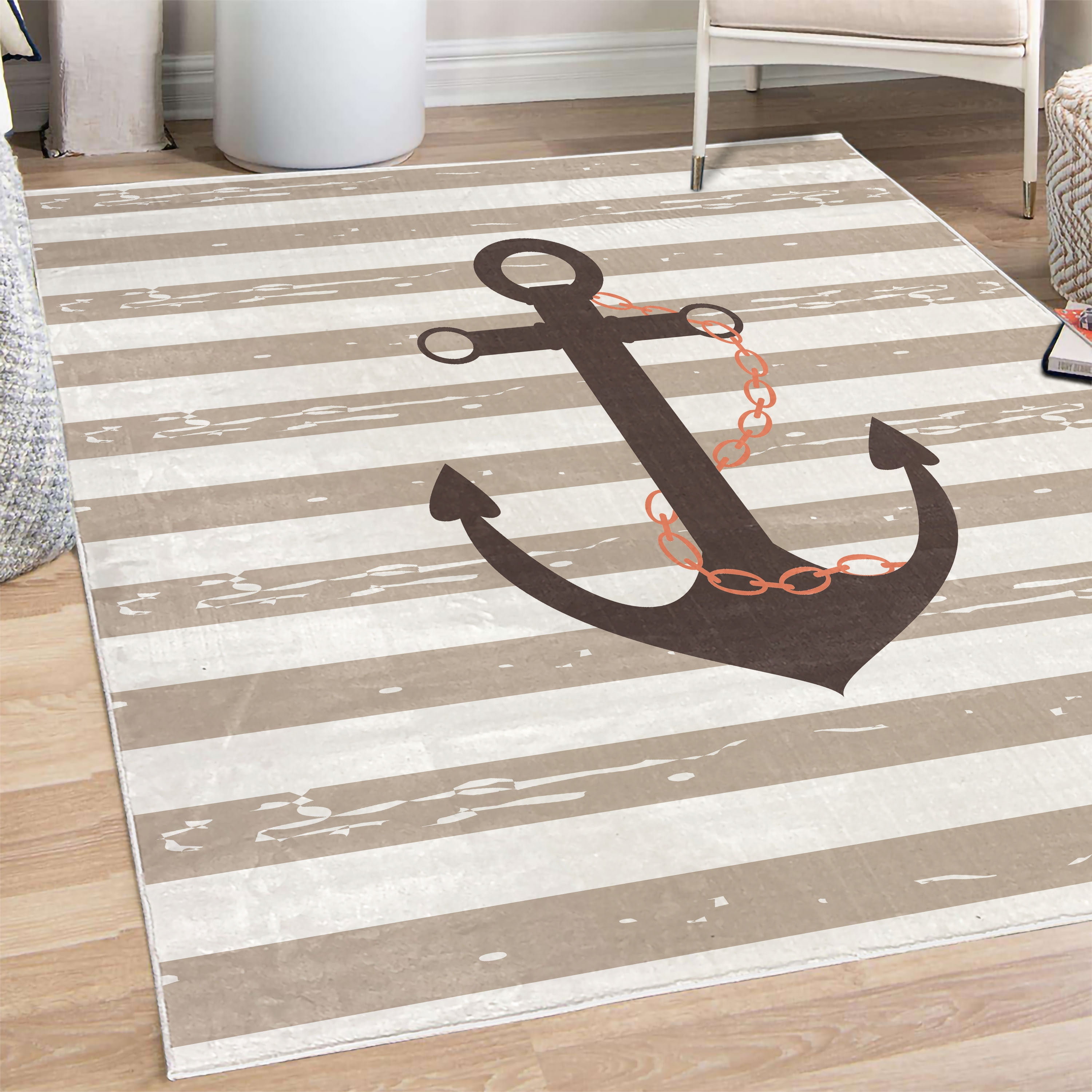 Striped Decorative Rug, Ship Anchor Chain Marine Life Inspired Lines ...
