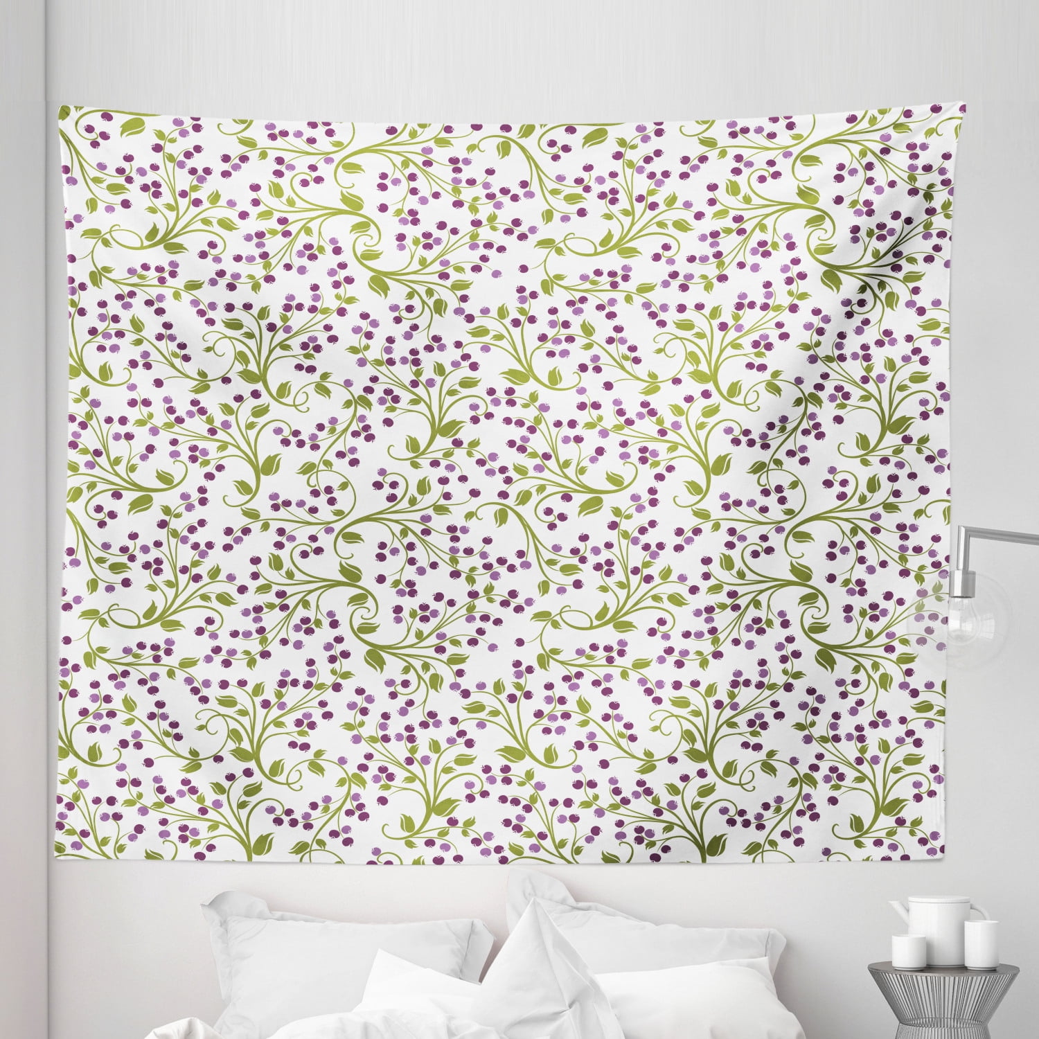 Flower Tapestry, Floral Pattern Wild Berries Ornamental Curvy Branches ...