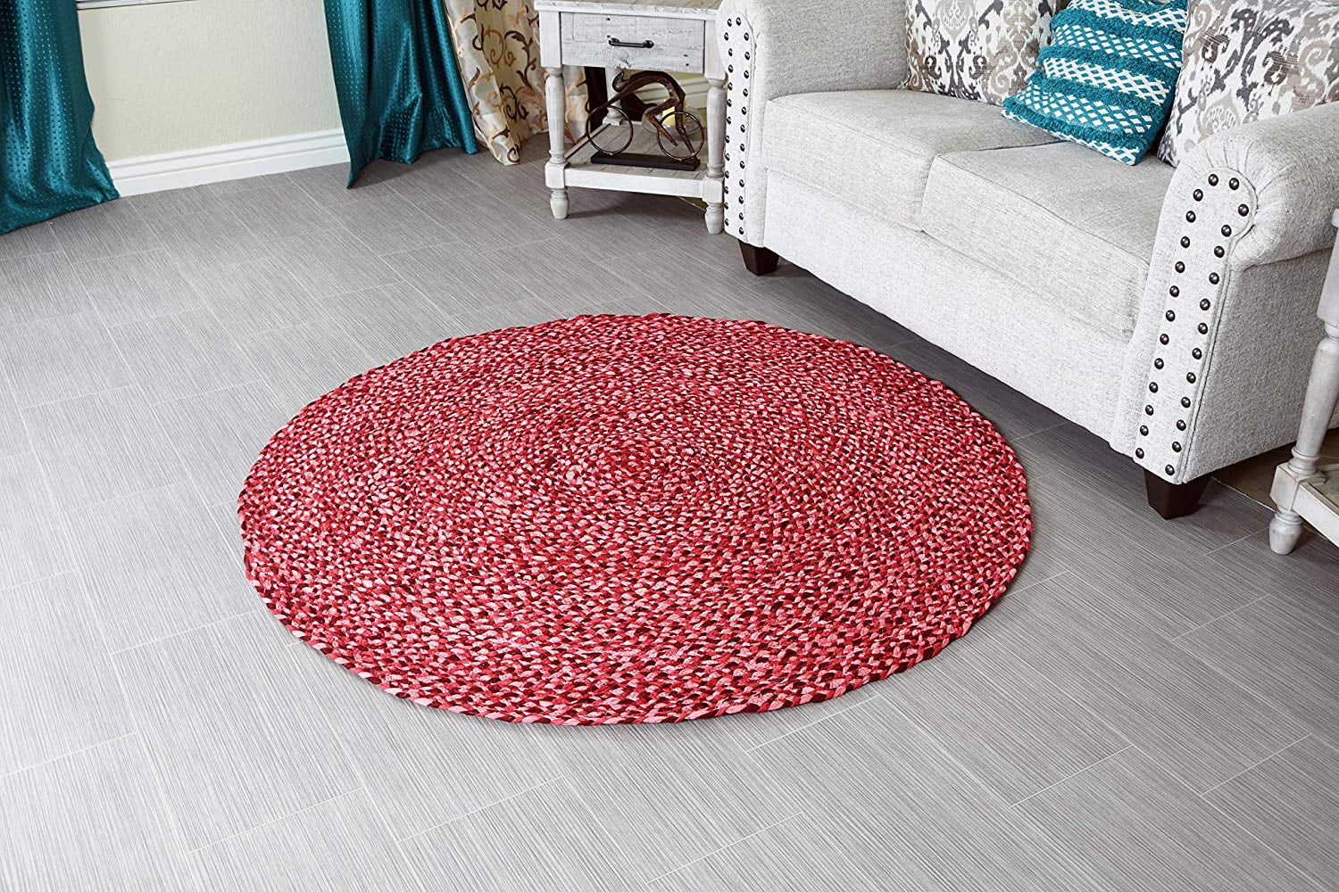 5 ft Red Round Area Rug for Living Room Braided Non-slip Reversible ...
