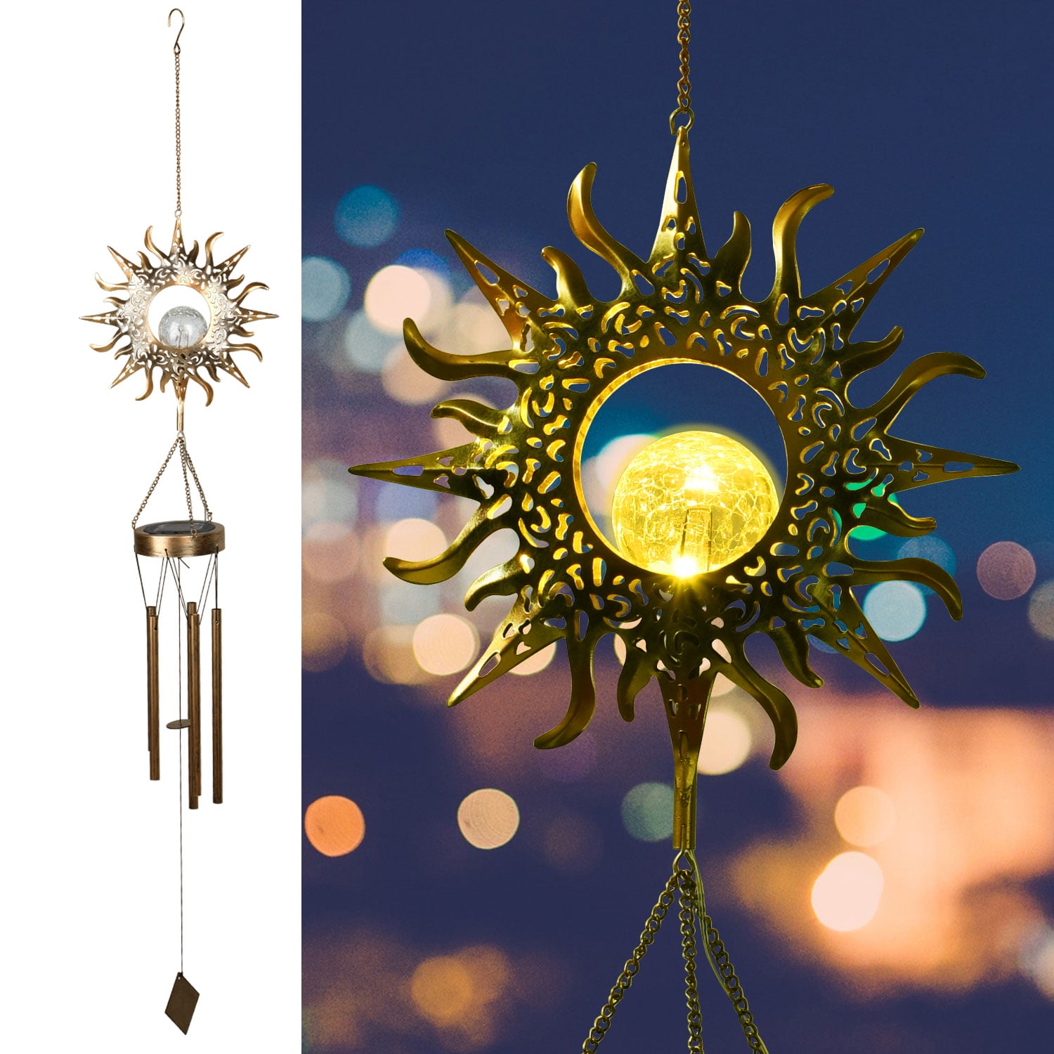 Coolmade 49" Solar Wind Chimes for Outside Sun Crackle Glass Ball Solar ...