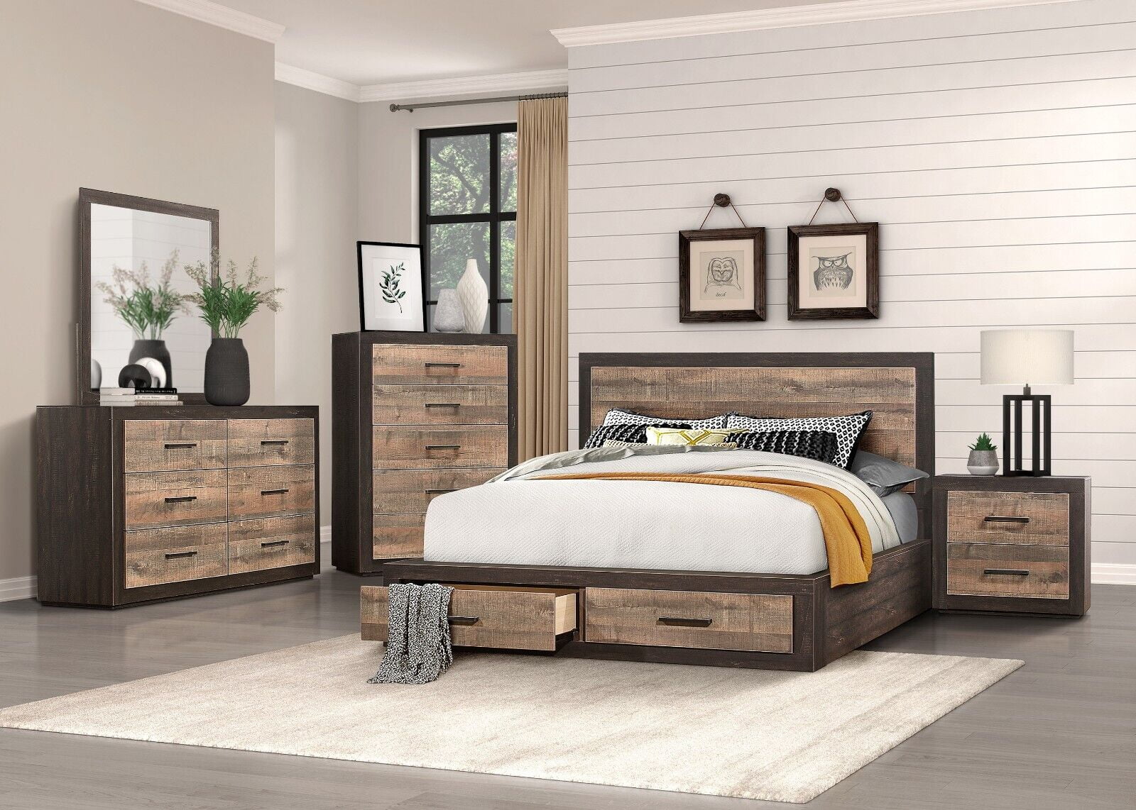 6pc Bedroom Set Queen Size Platform Bed 2x Nightstands Dresser Chest ...