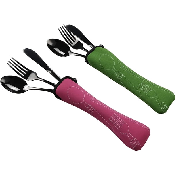 Black Camping Flatware 6 Piece Stainless Lunch Cutlery Set with Case ...
