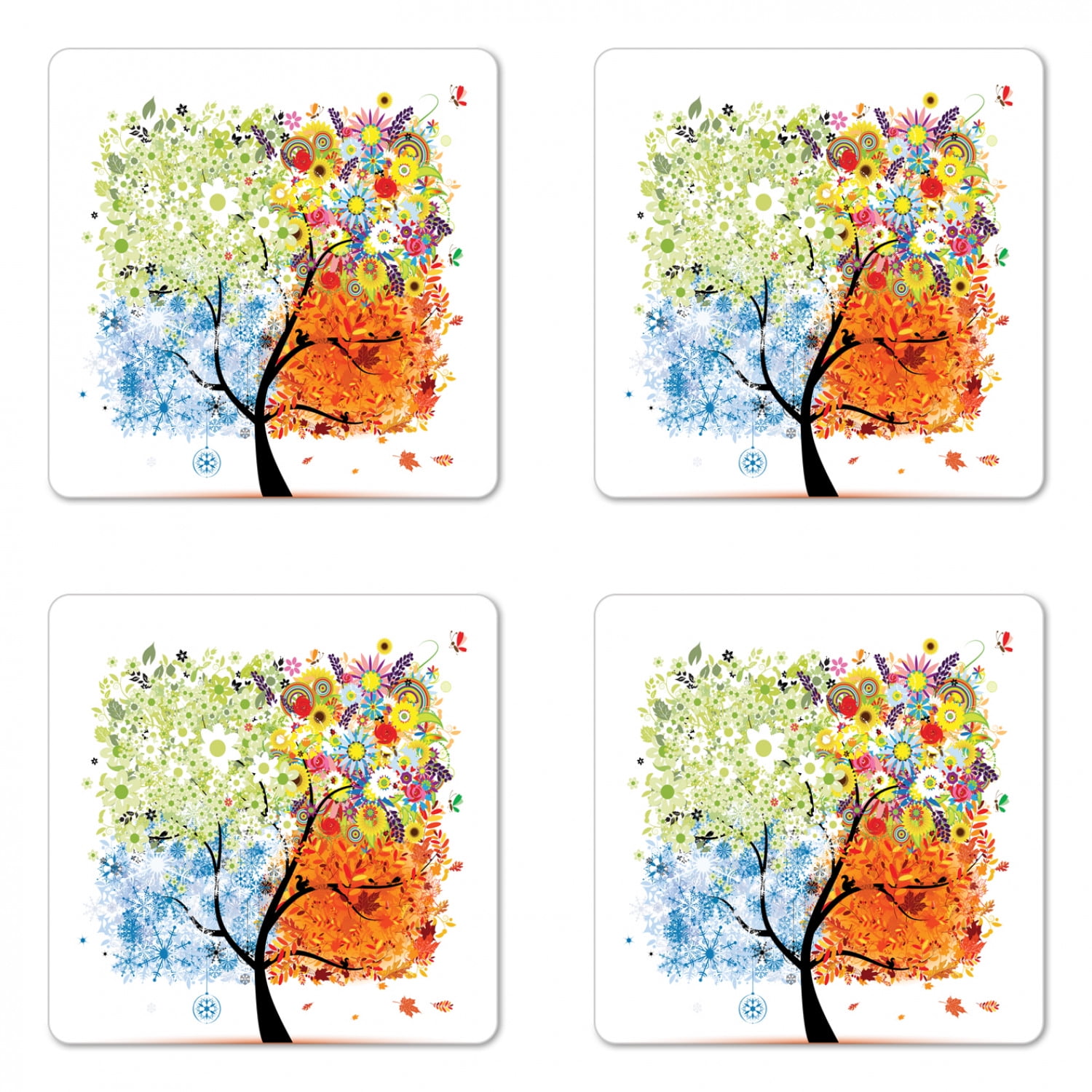 Tree Coaster Set of 4, Seasonal Tree Branches with Flowers Spring ...