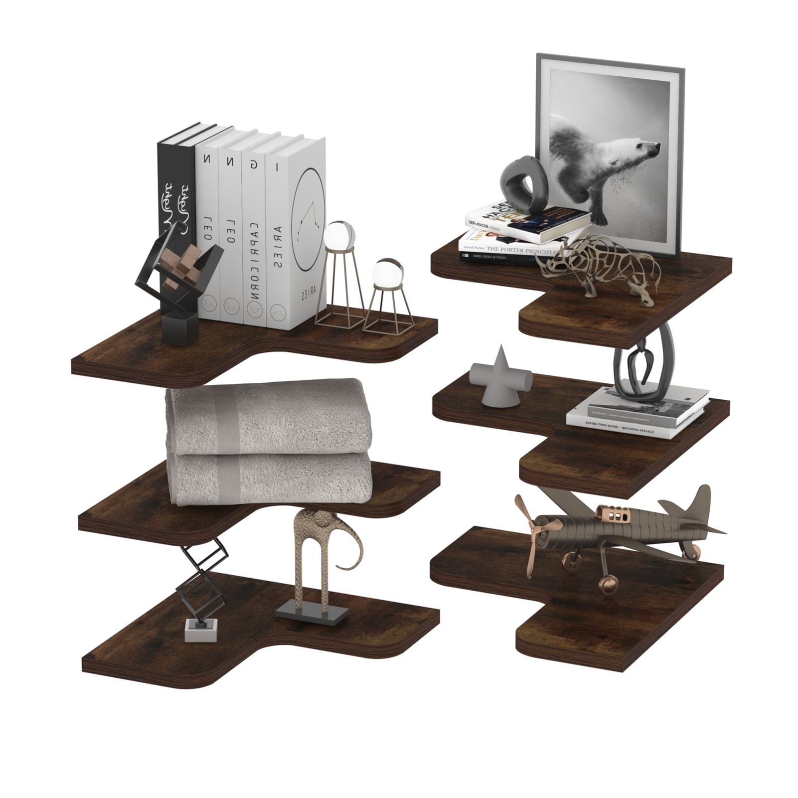 L-Shaped Wall Shelf Set of 6, Brown Wall Mount Floating Shelf for Home ...