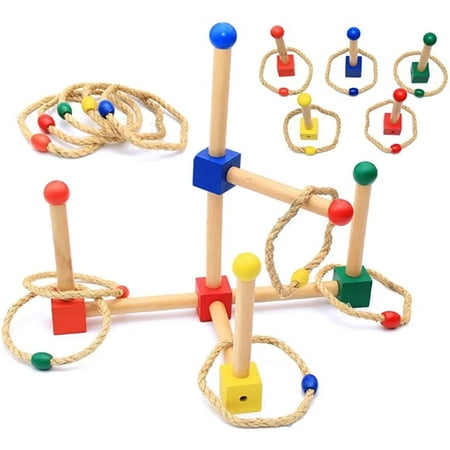 Ring Toss Game Set Self assembly Wooden Toss Yard Toy with 5 Twine Loop ...