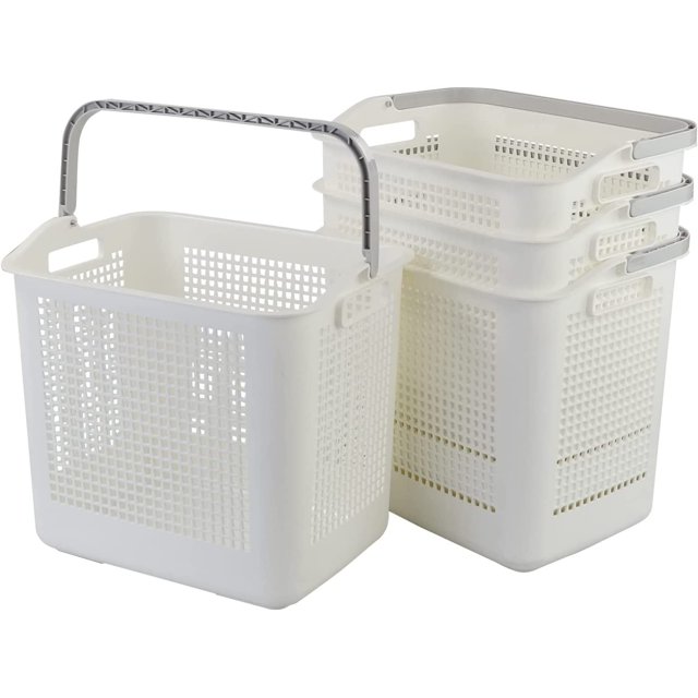 35 L Plastic Laundry Storage Basket, White Laundry Hamper with Handle ...