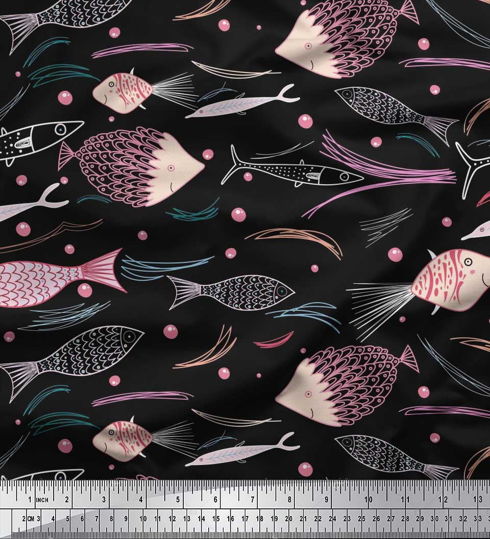 Soimoi Black Cotton Duck Fabric Bubbles & Fish Ocean Print Sewing ...