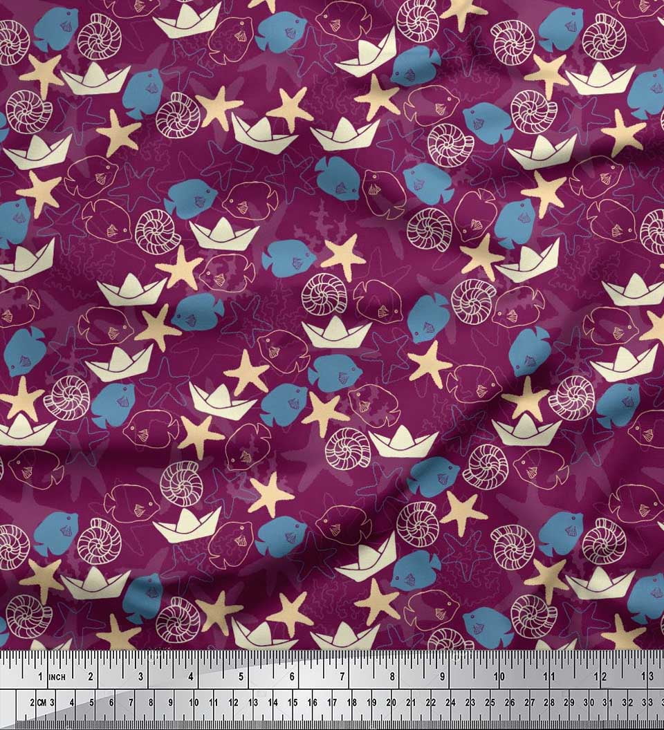 Soimoi Velvet Fabric Paper Boat,Fish & Starfish Ocean Print Fabric by ...