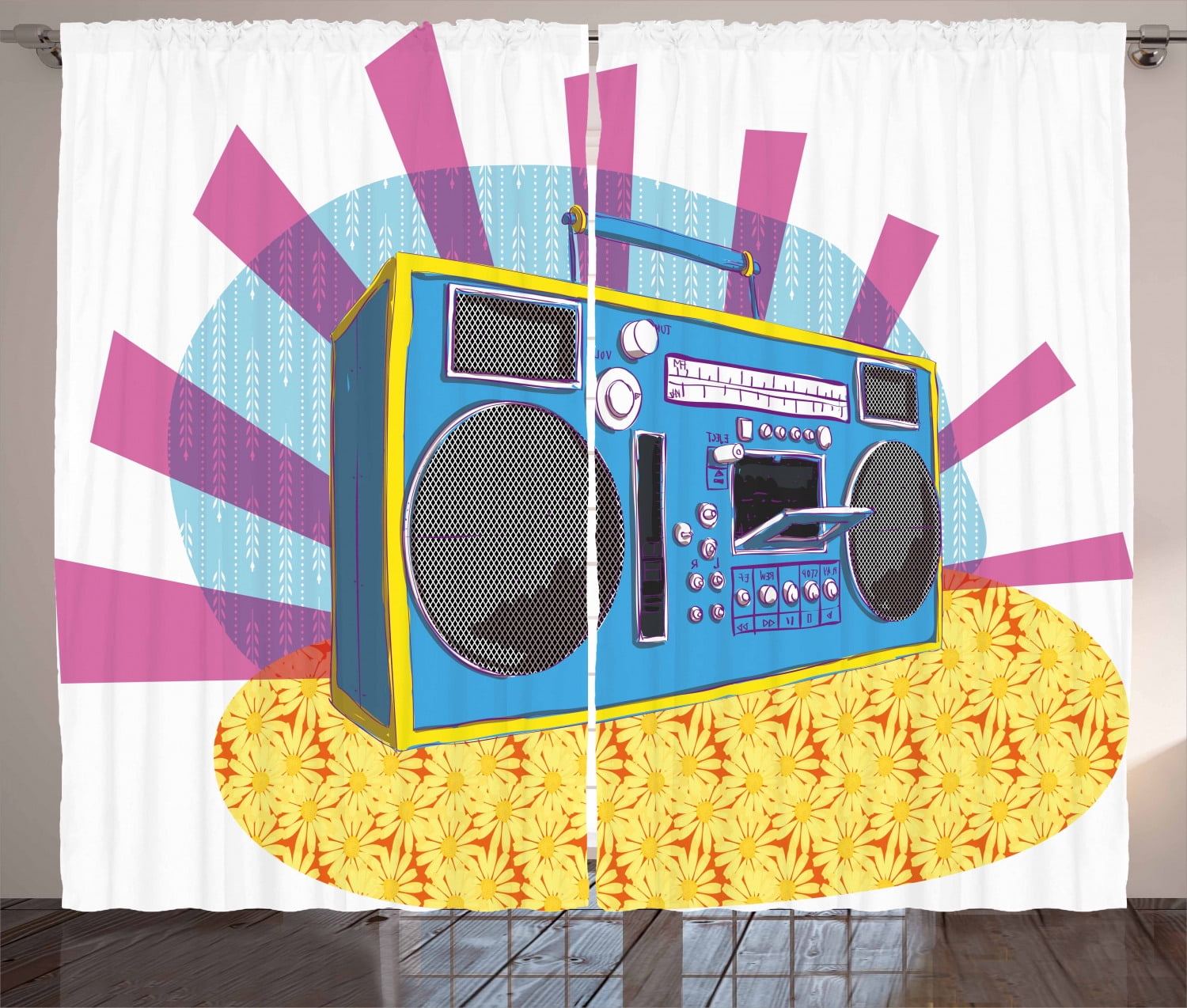 70s Party Decorations Curtains 2 Panels Set, Retro Boom Box in Pop Art ...