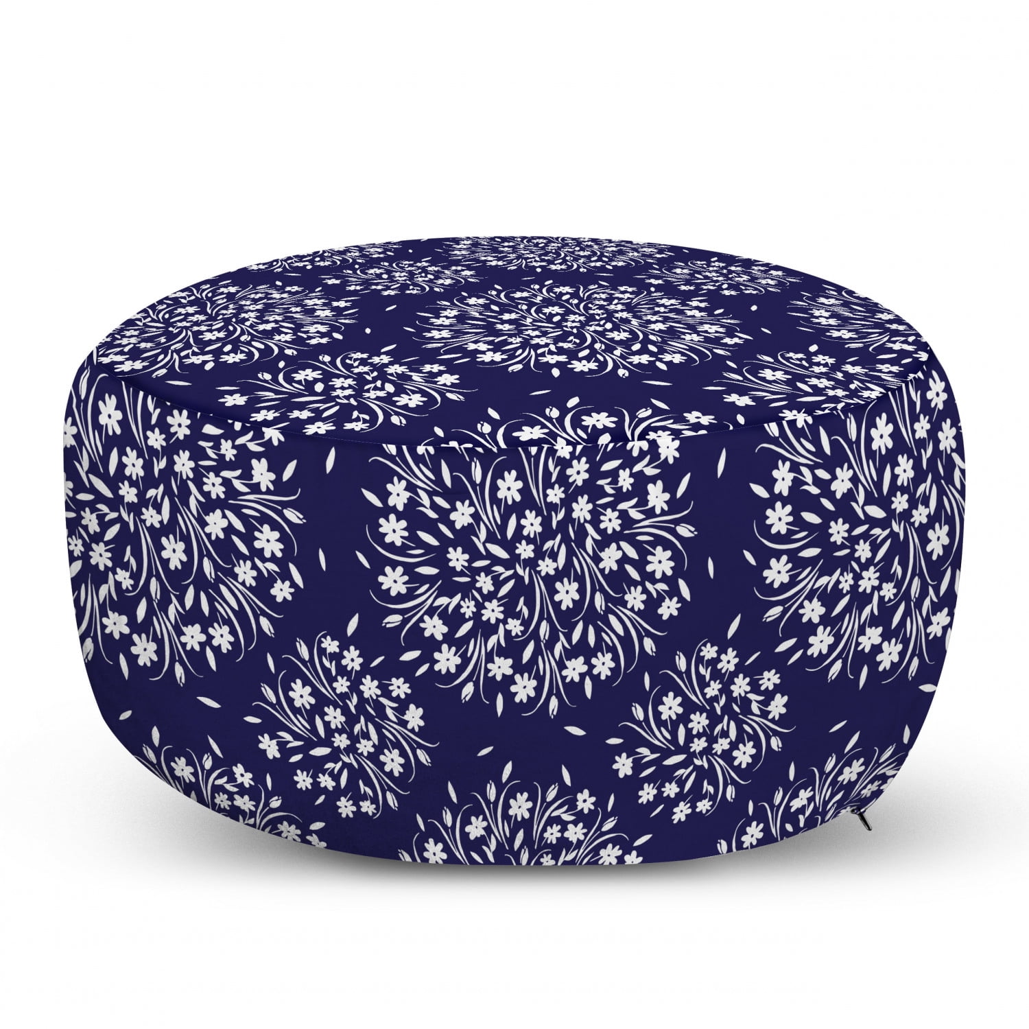 Navy and White Pouf Cover with Zipper, Scroll Pattern with Little Rural ...