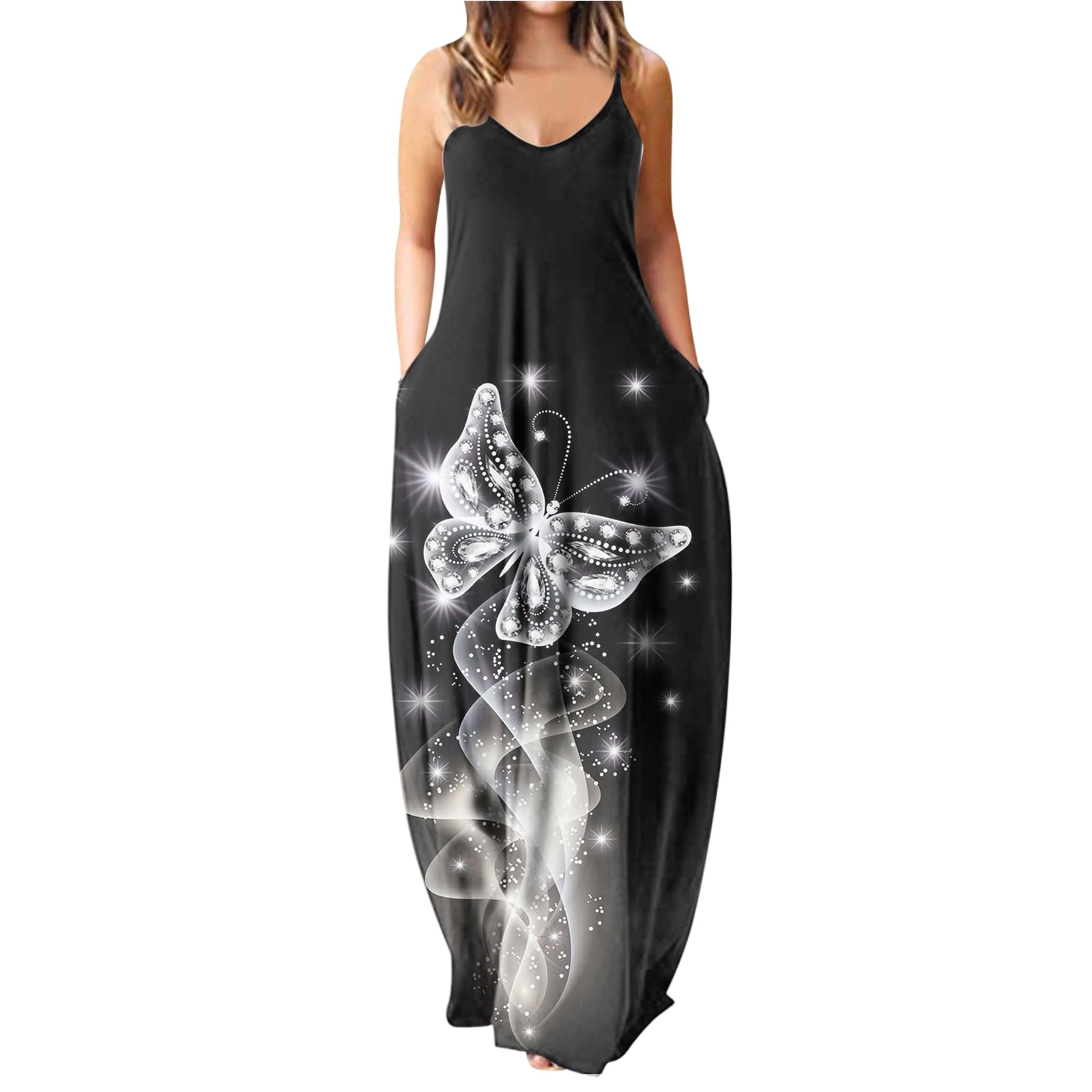 Women Baggy Butterfly Print Maxi Dress Sexy Summer Beach Holiday Fancy ...