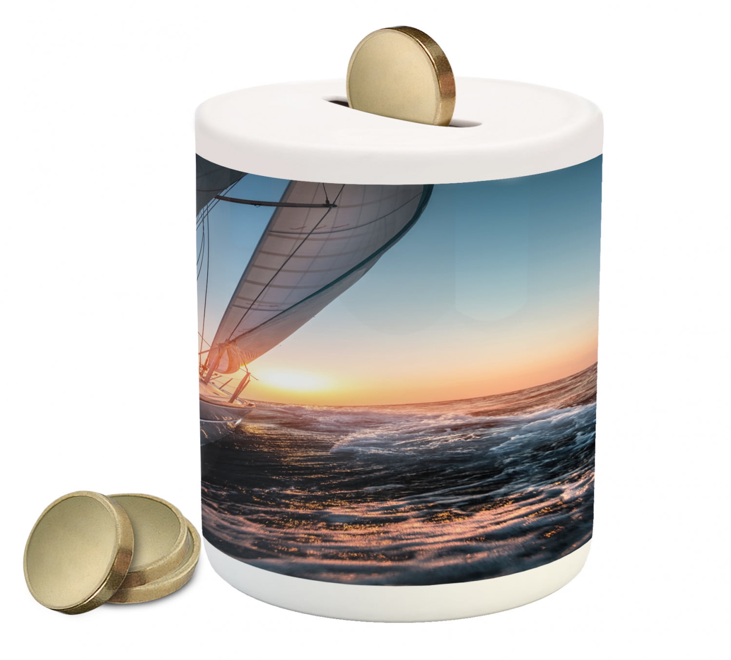 Nautical Piggy Bank, Sail Boat in the Sea Waves Toward Sunset Marine ...
