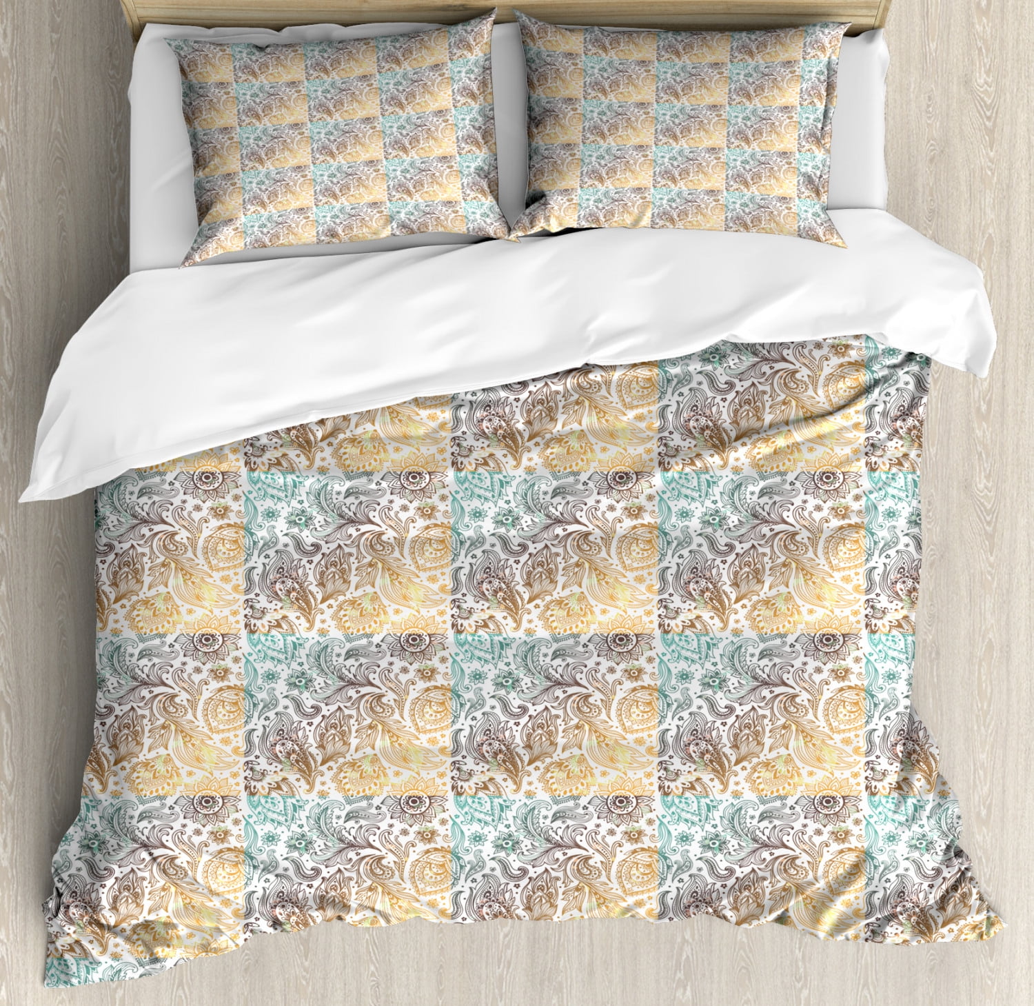 Paisley Queen Size Duvet Cover Set, Vintage Arabesque Floral Bloom ...