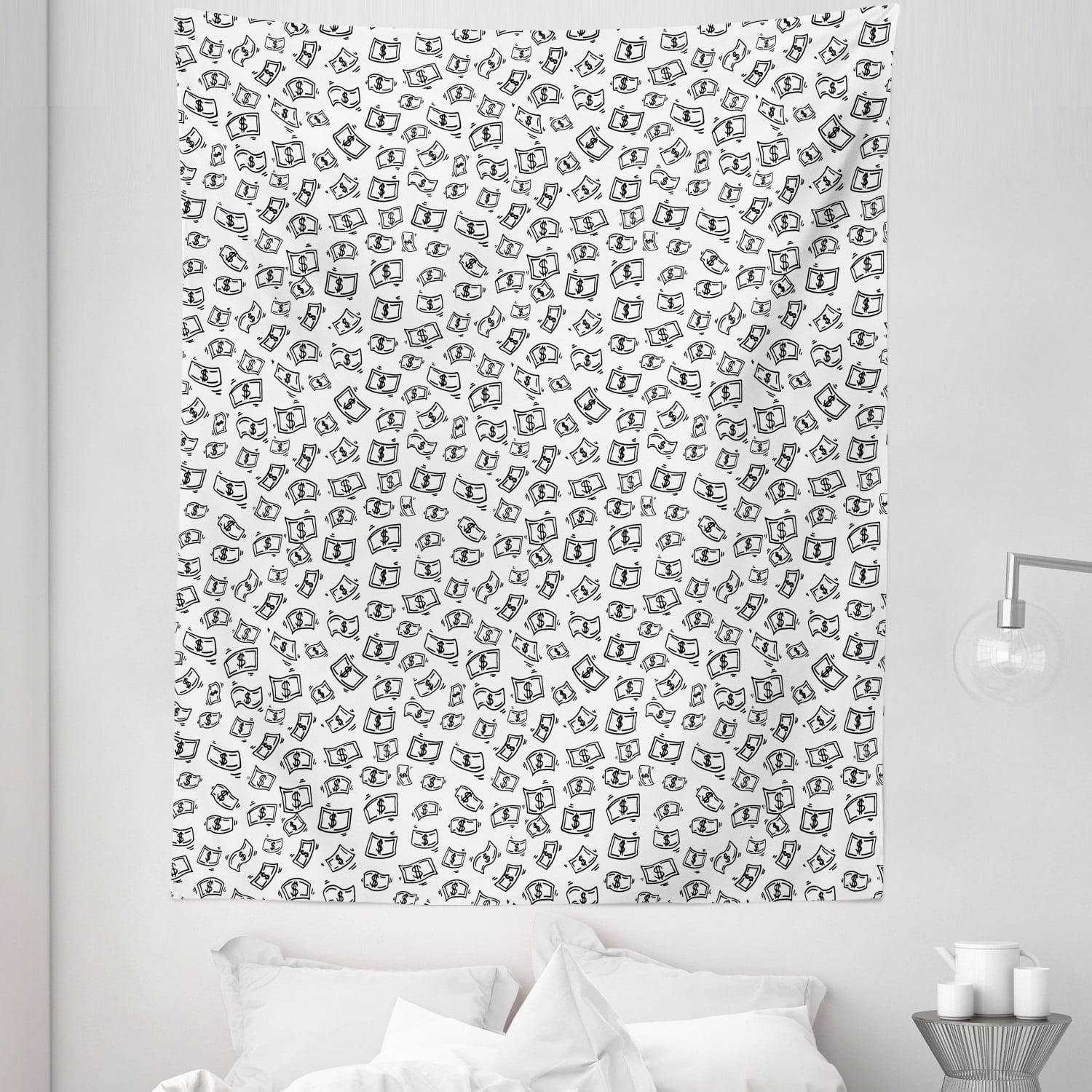 Money Tapestry, Sketch Style Monochrome Raining Dollar Bills Cash Money ...