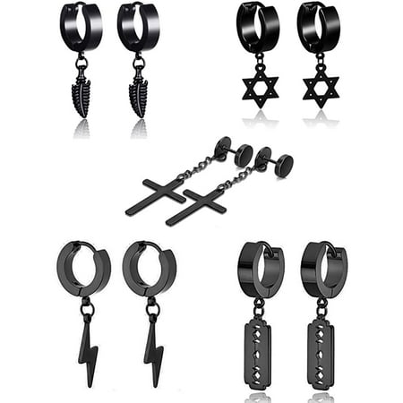 5 Pairs Kpop Black Stainless Steel Lightning Bolt Feather Pentagram ...