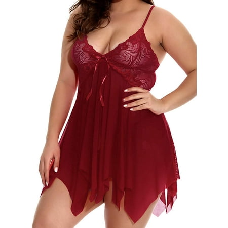 Plus Size Lingerie Set Floral Flowy Lace Sheer Mesh Babydoll Slip Vneck Negligees Sexy for Women ...