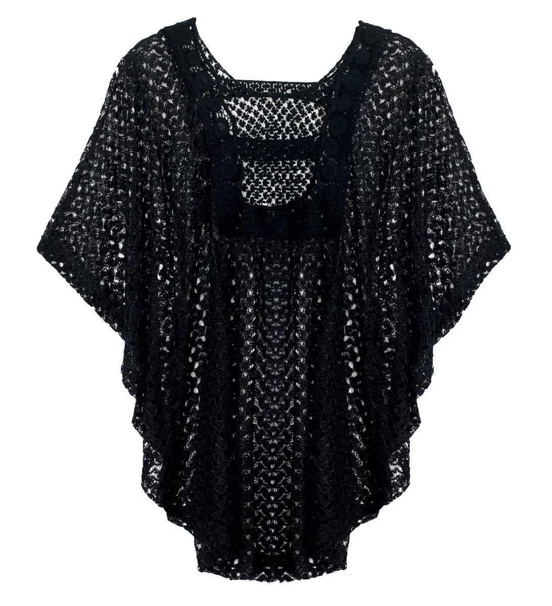 Evogues Plus Size Sheer Crochet Poncho Top Black
