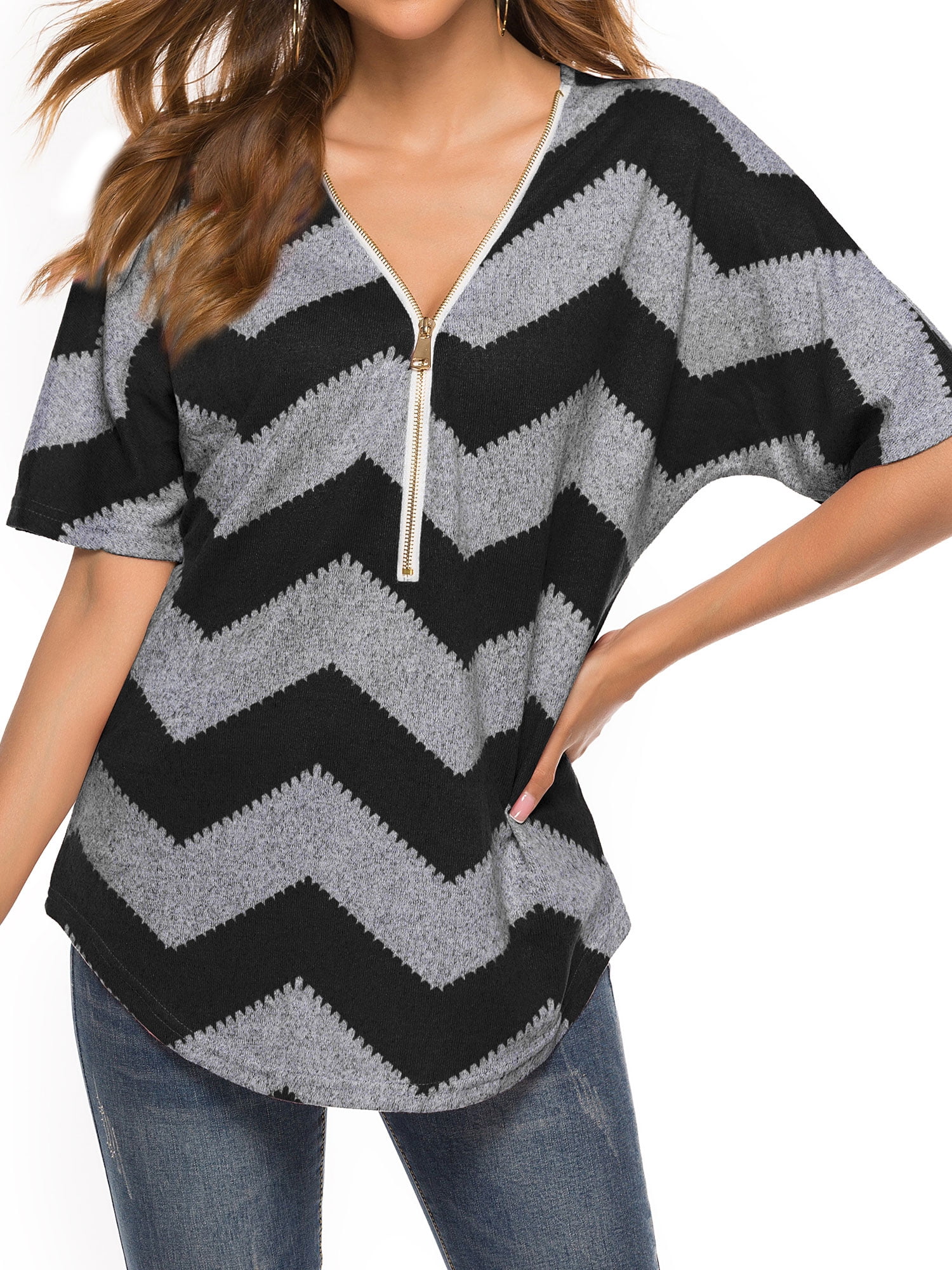 TWZH Women Colorblock V Neck Front Zipper Batwing Short Sleeve Top ...