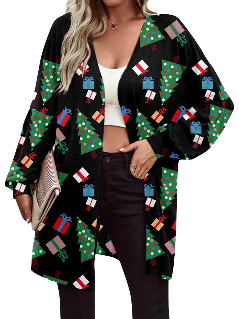 QAFOPEH Women Christmas Trees Snowman Printed Long Sleeve Open Front ...