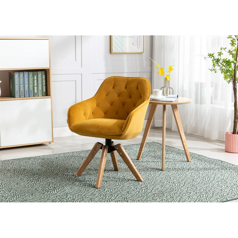 Armless Office Desk Chair Tufted Upholstered Swivel Accent Chair with Wood Legs Mustard Walmart