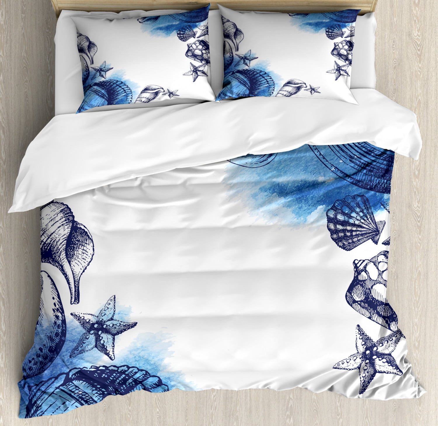 Ocean Duvet Cover Set, Sealife Sea Shells and Sand Stones Deep Water ...