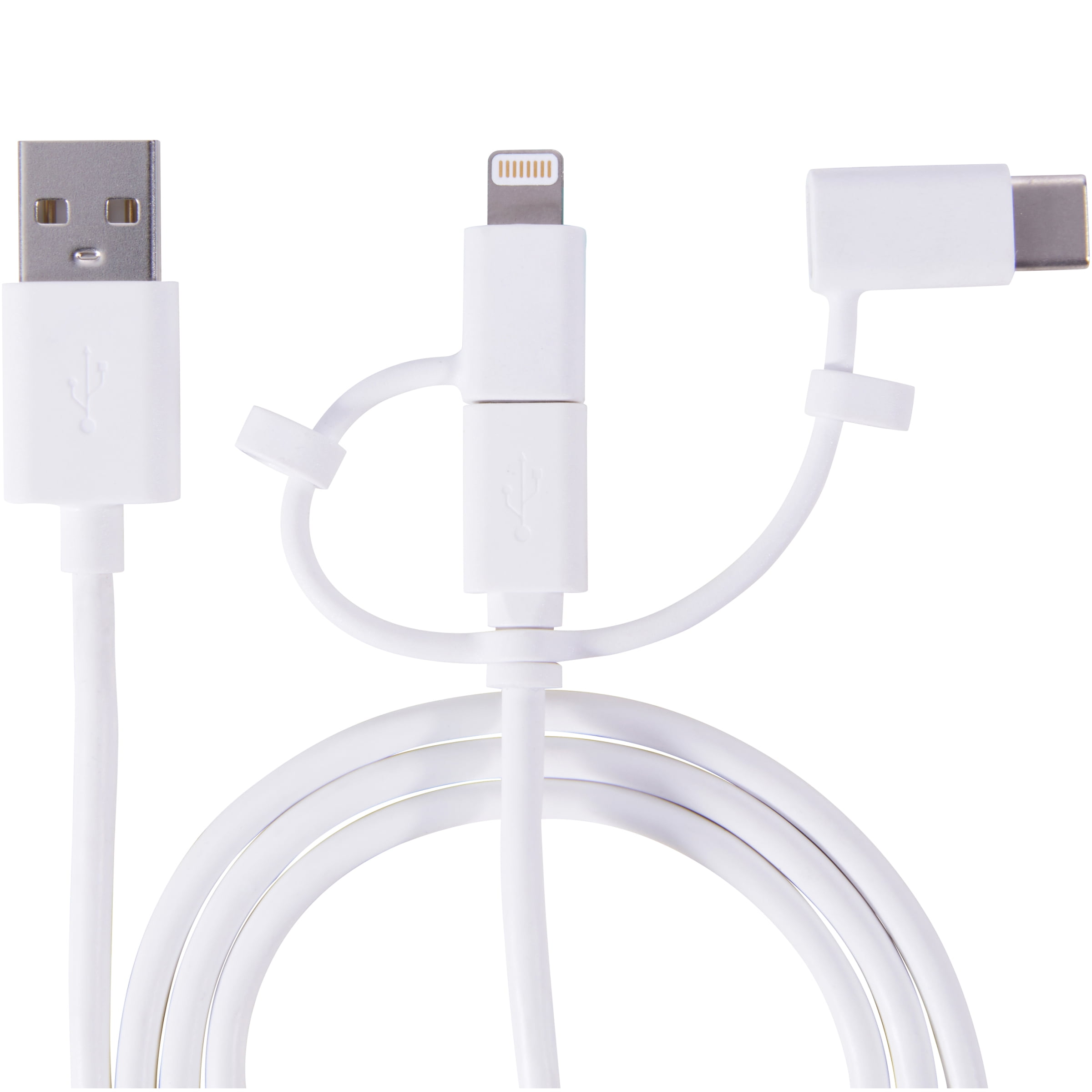 onn. 6 ft. 3-in-1 Sync & Charge Cable, White with Universal Design ...