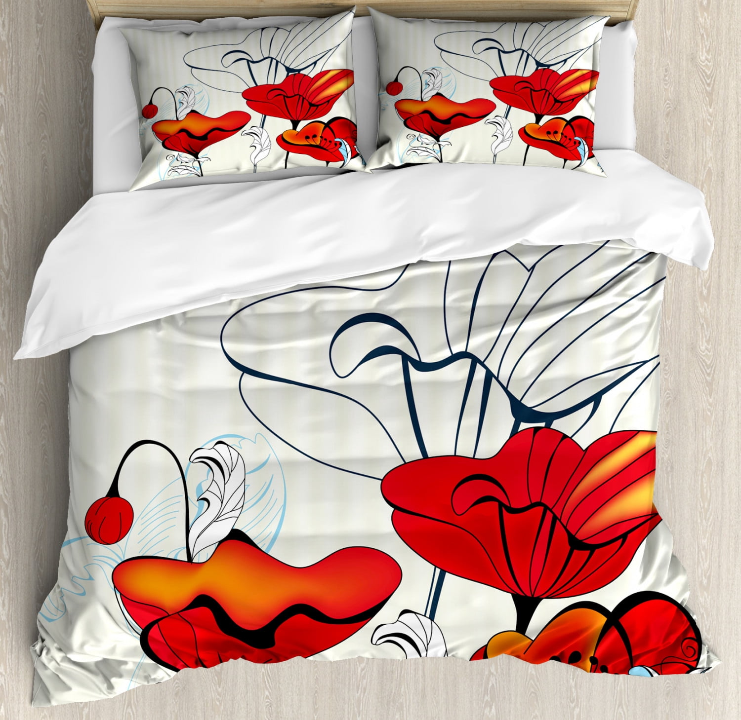 Poppy King Size Duvet Cover Set, Artistic Florets and Buds with Curly ...