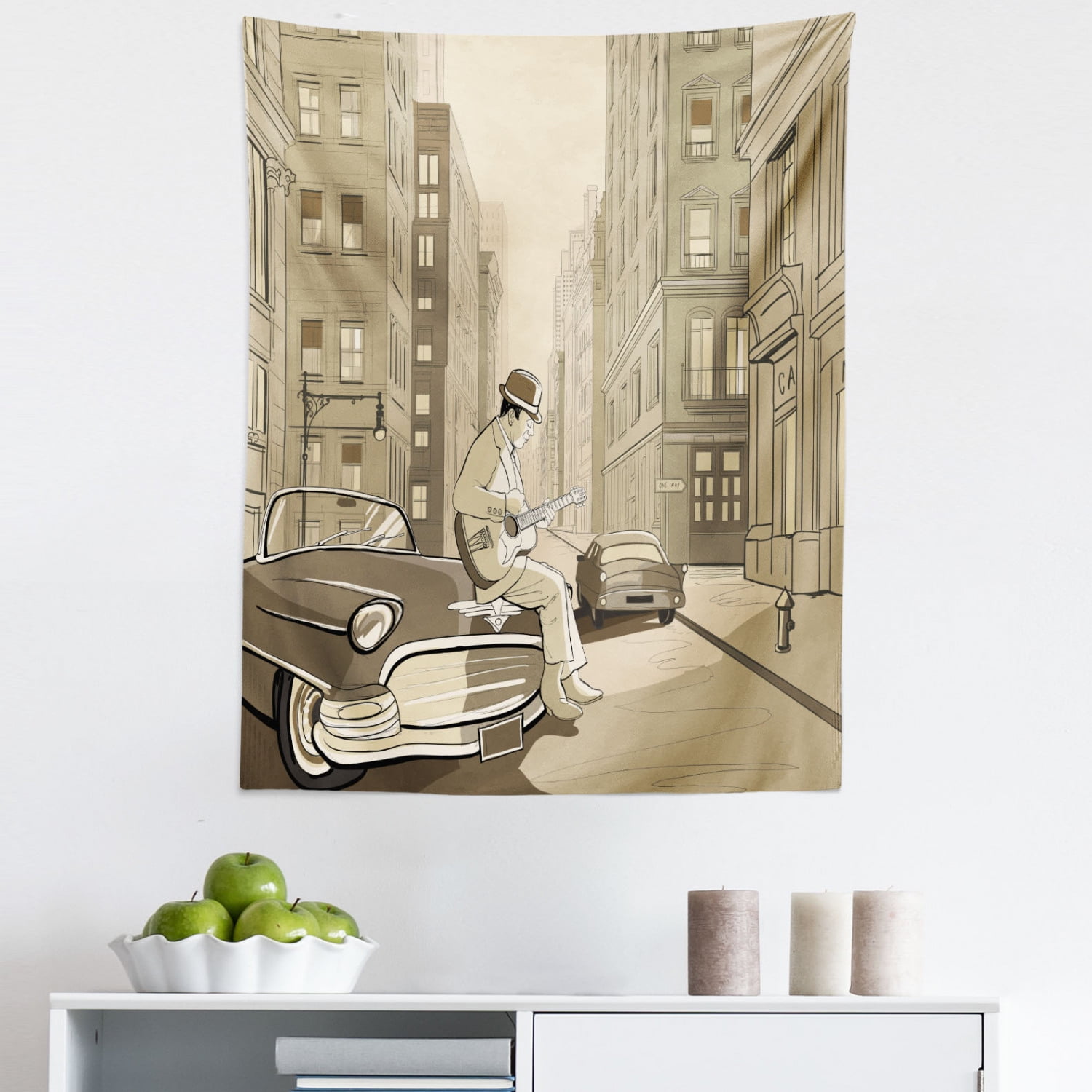 Music Tapestry, Illustration of a Guitarist in an Old Street of New ...