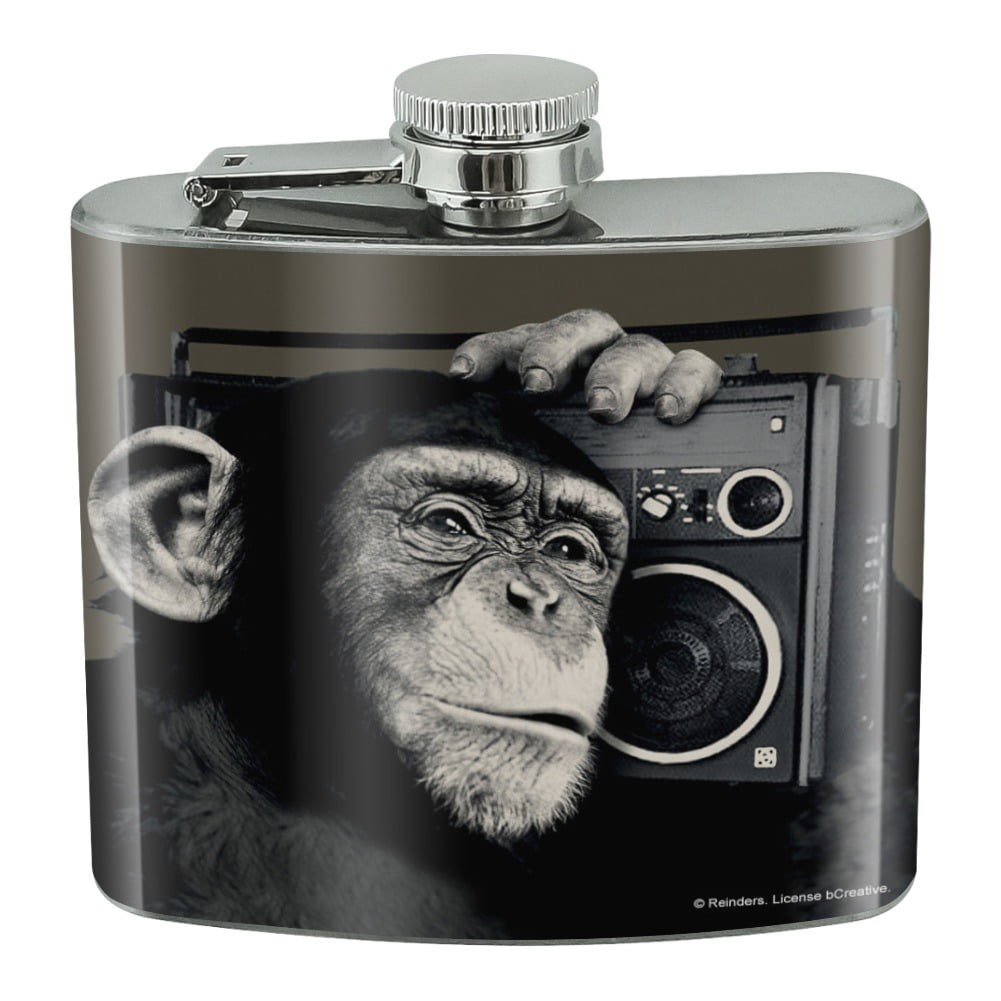 Chimp Monkey With Boombox Radio Stainless Steel 5oz Hip Drink Kidney ...