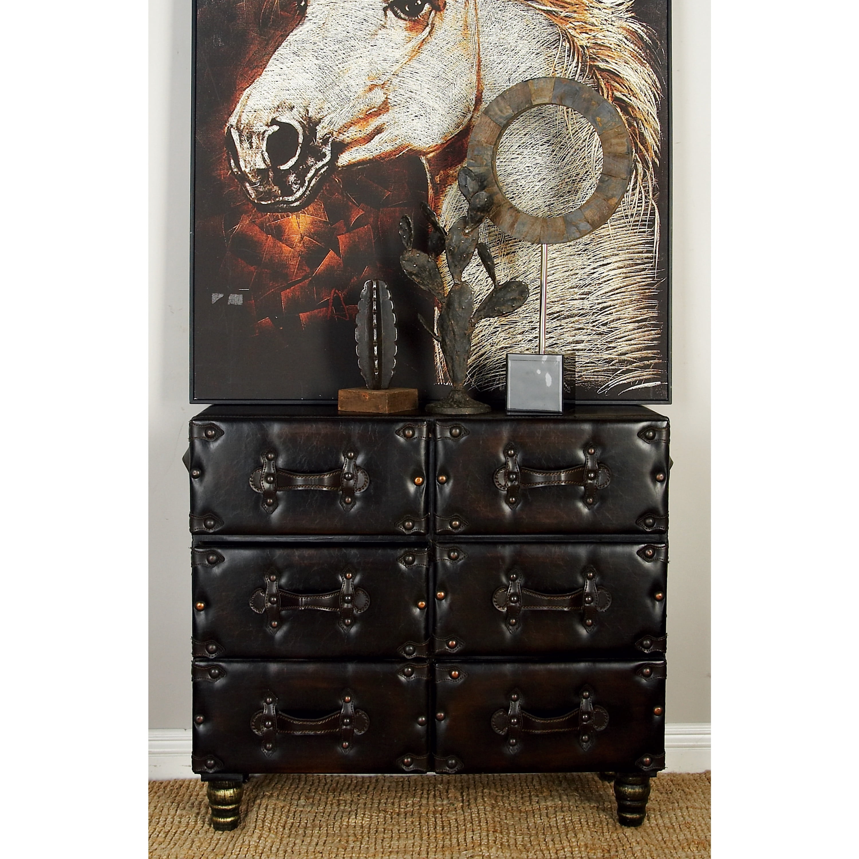 DecMode 32" x 28" Black Wood Vintage Faux Leather Chest with Rivets and ...