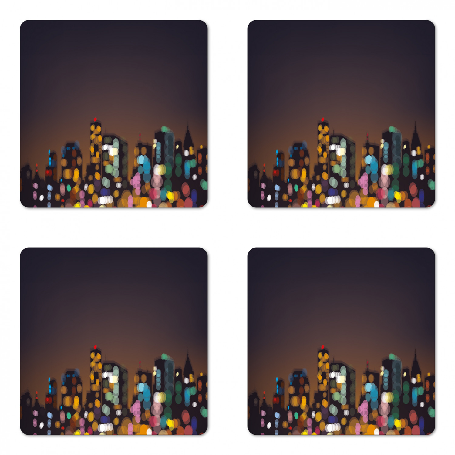 City Coaster Set of 4, Cityscape at Night Abstract Display with ...