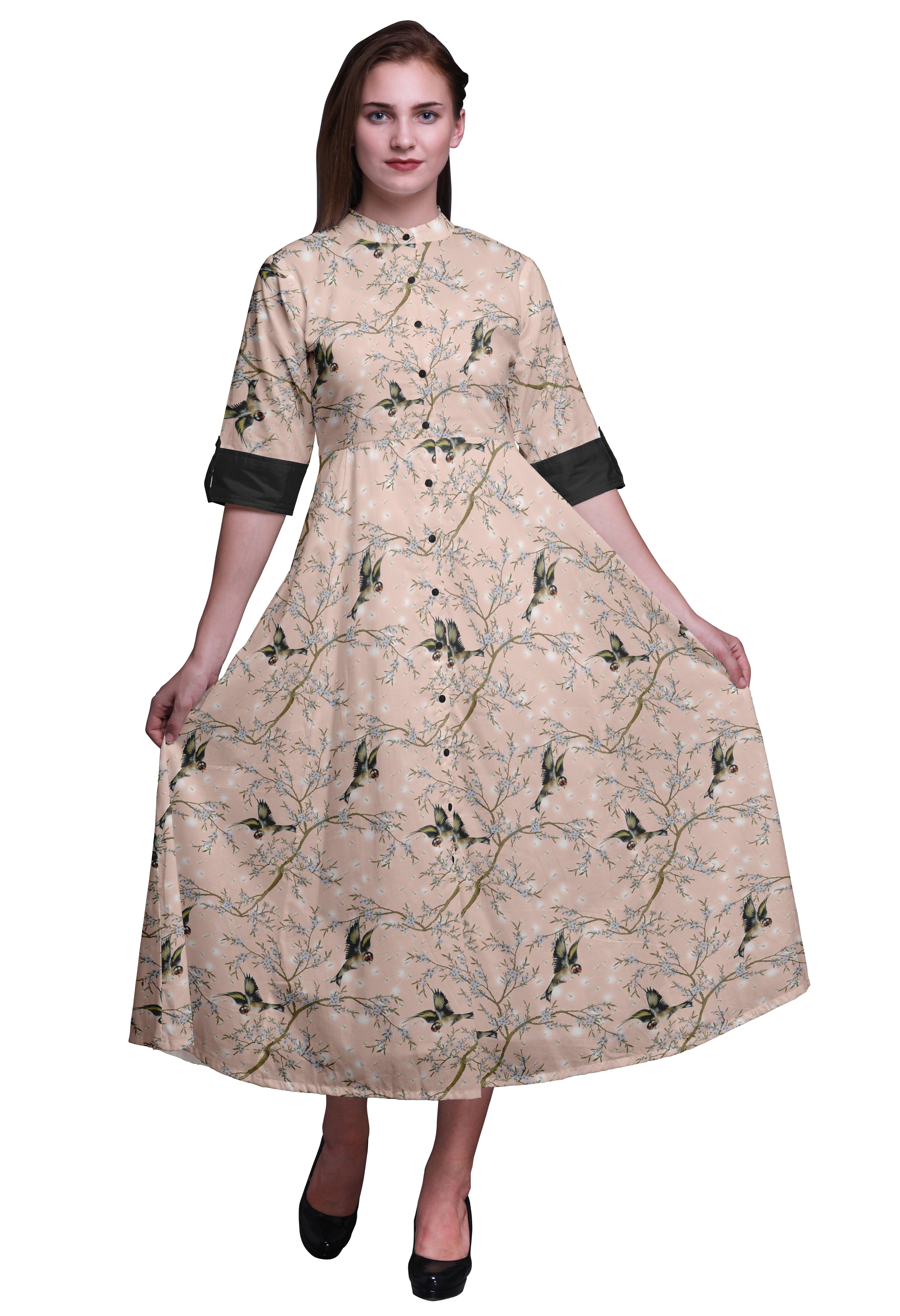 Bimba Bird Button Down Dress Print Mandarin Collar Roll Up Sleeves ...