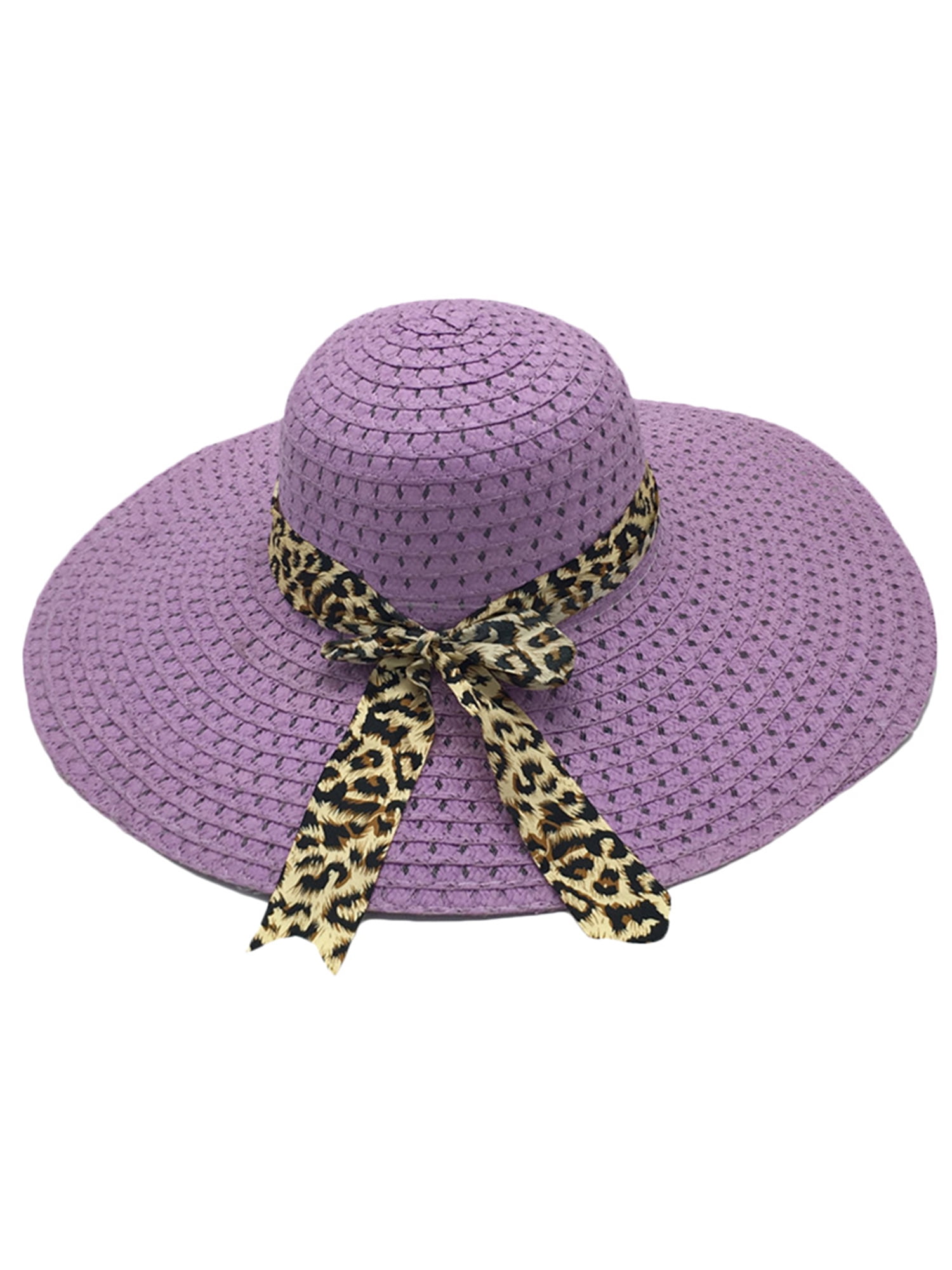 Womens Summer Beach Panama Straw Hat Wide Brim Leopard Bow Floppy Straw ...