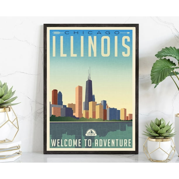 Pera Print Retro Style Travel Poster, Illinois, Vintage Rustic Poster ...