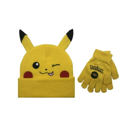 Pokemon Big Face Pikachu Wink Kids Beanie With Ears And Gloves Set ...