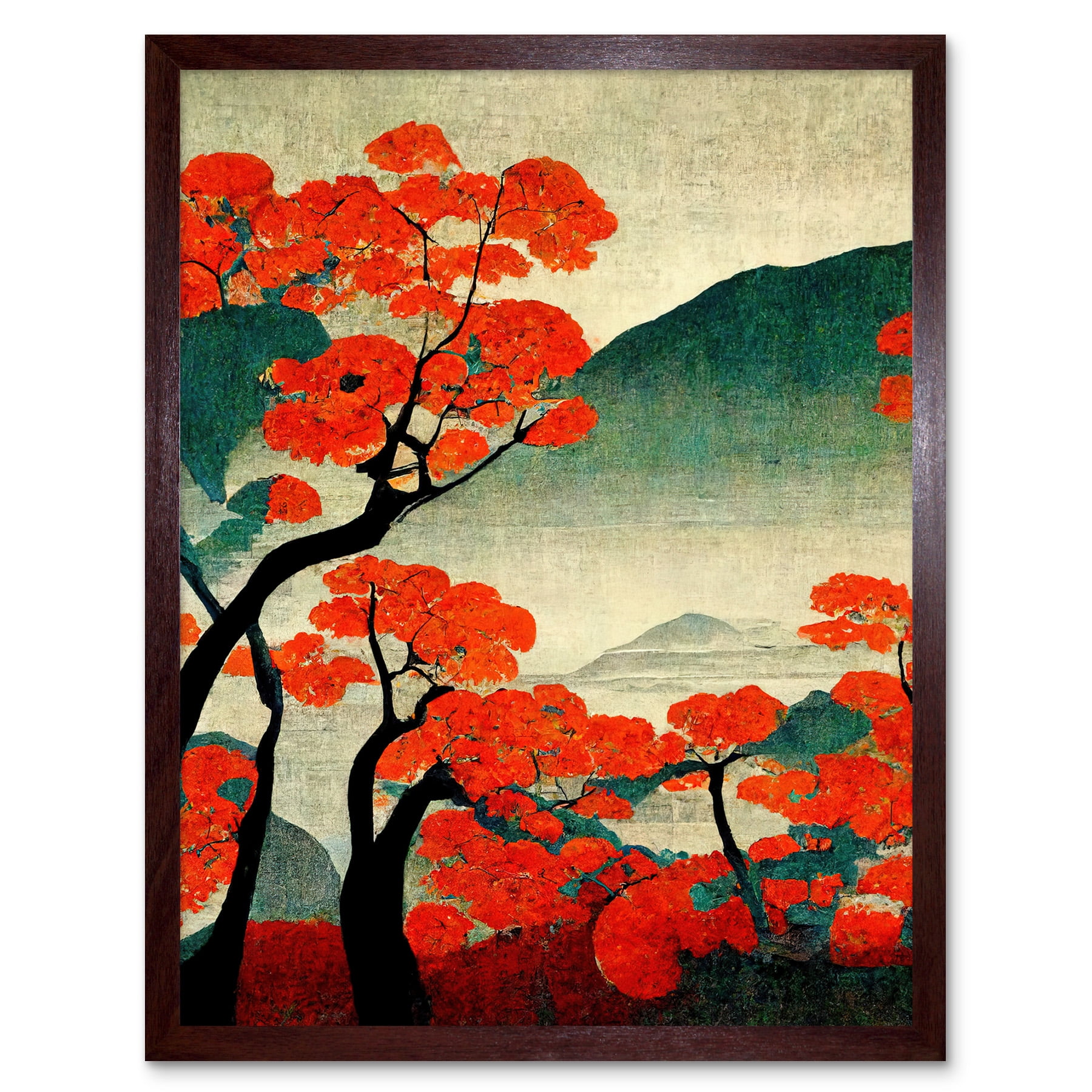 Modern Japanese Red Maple Trees On Hillside Art Print Framed Poster ...