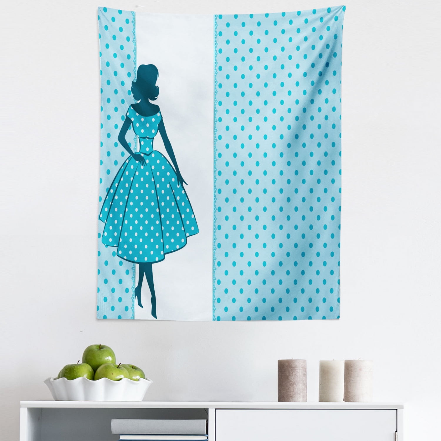 Vintage Woman Tapestry, Silhouette 1950s Style Woman in Polka Dot Dress ...