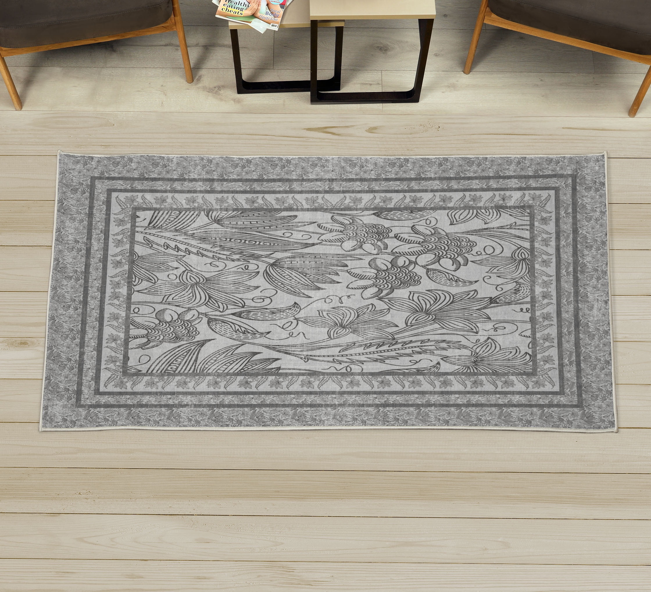 Garden Art Decorative Rug, Line Art Flowers Wild Meadow Blooms Nature ...