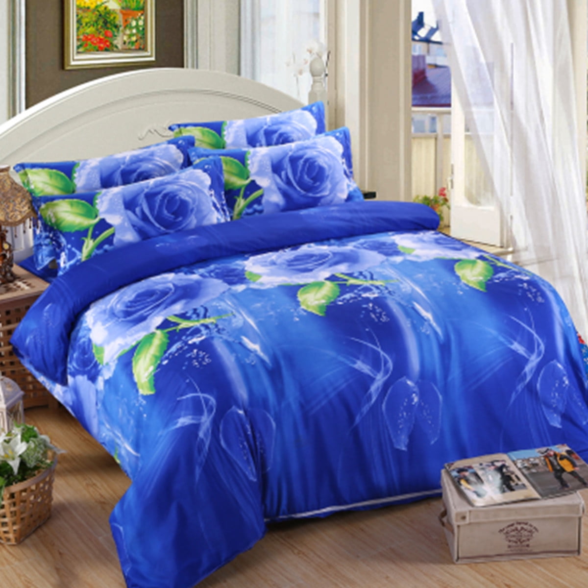 4Pcs Blue Rose Printing Quilt Cover & Bed Sheet & Pillowcases, Bedding ...